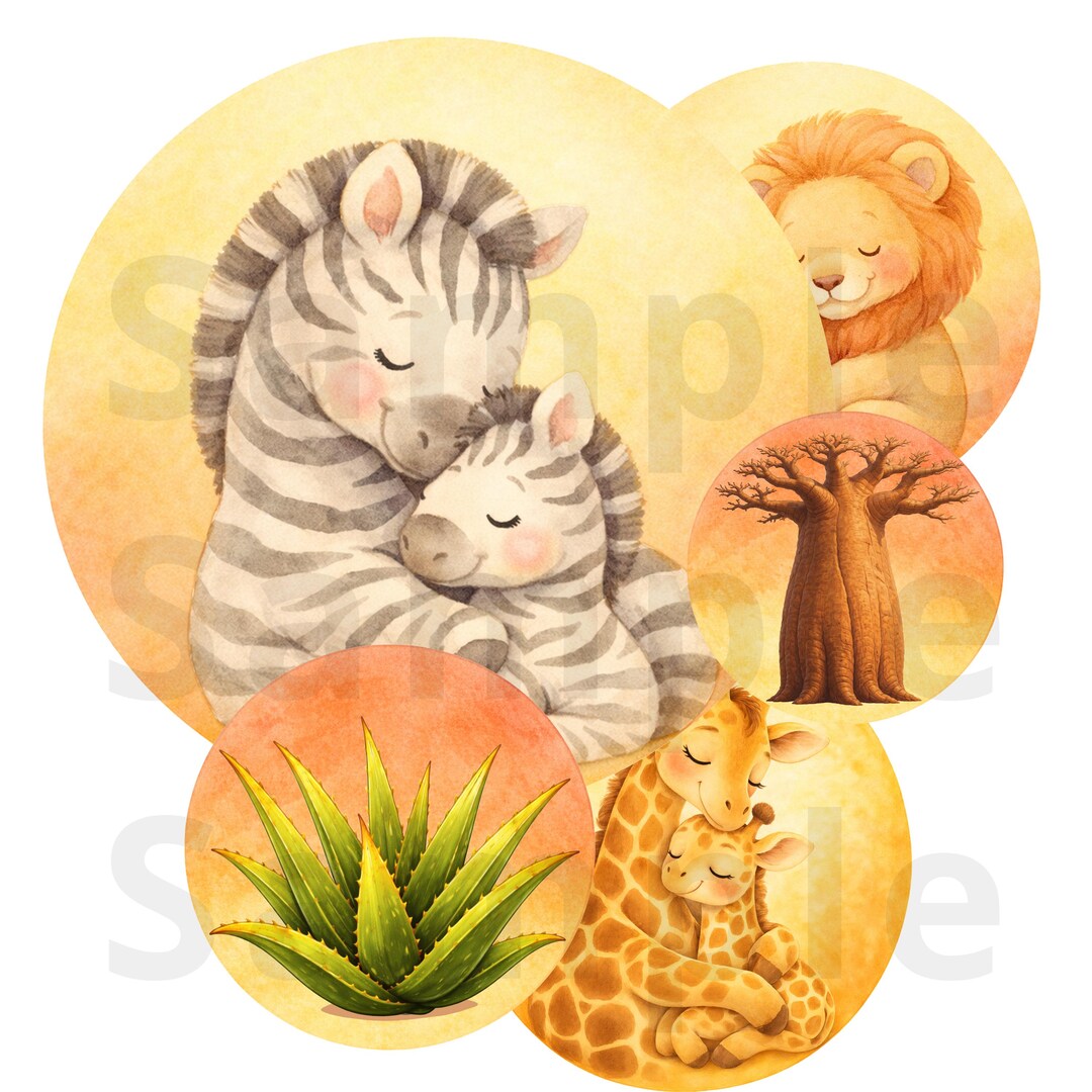 Mom and Baby Safari Animals Clipart Bundle, Cute Watercolor Animals PNG ...