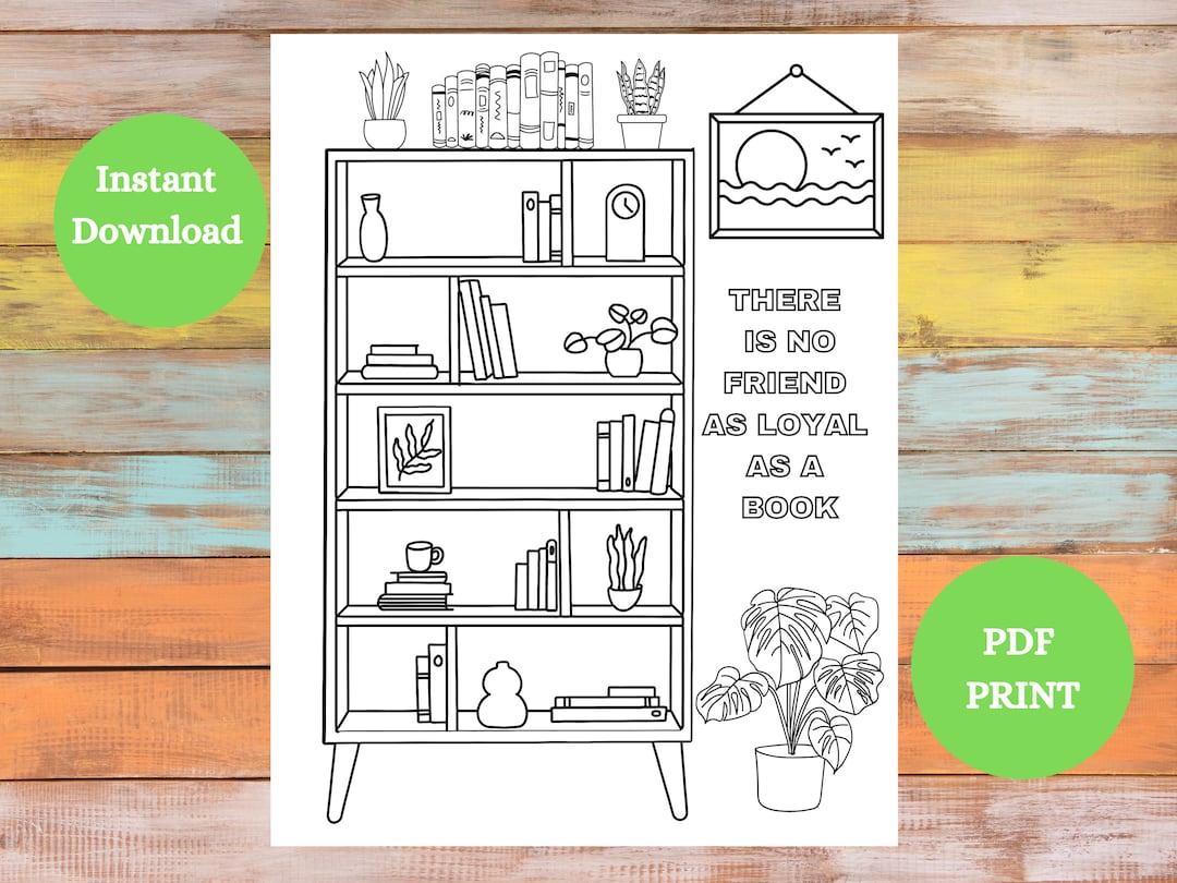 Book Shelf Coloring Page With Quote Minimalist Design Digital Print ...
