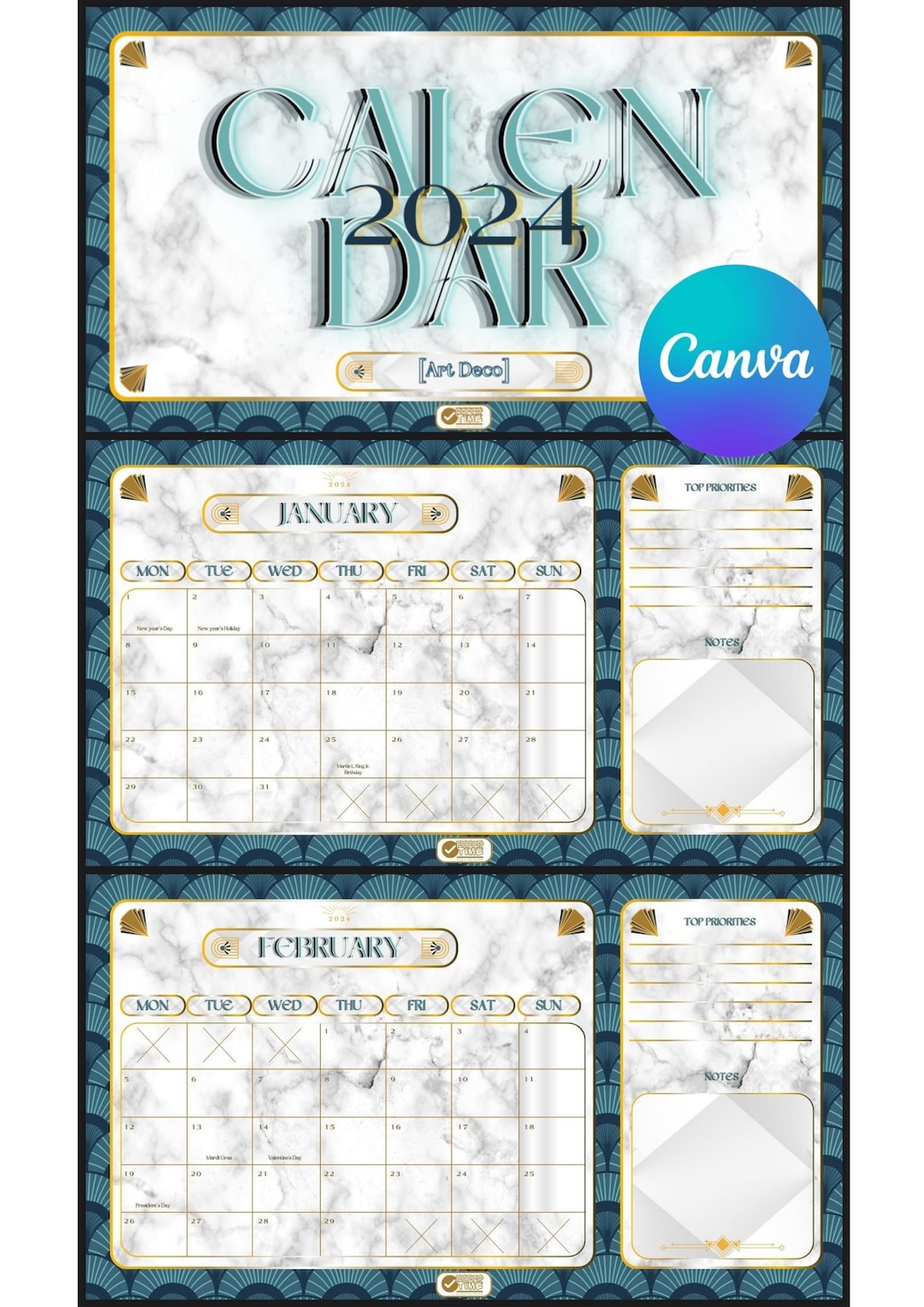 2024 Calendar Art Deco Template to order from CANVA - Etsy Portugal