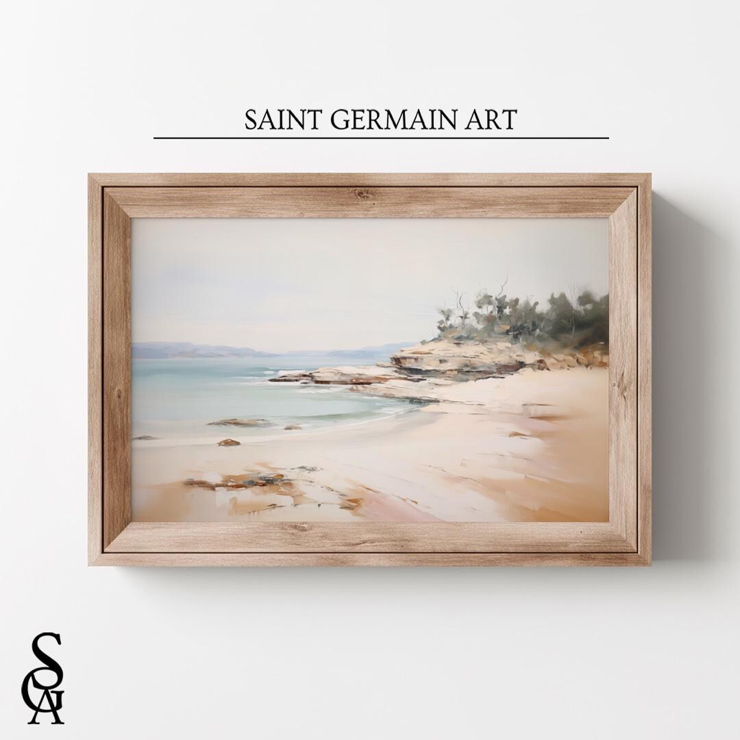 Printable Rustic Coastal Wall Art, Vintage Beach Landscape Oil Painting ...