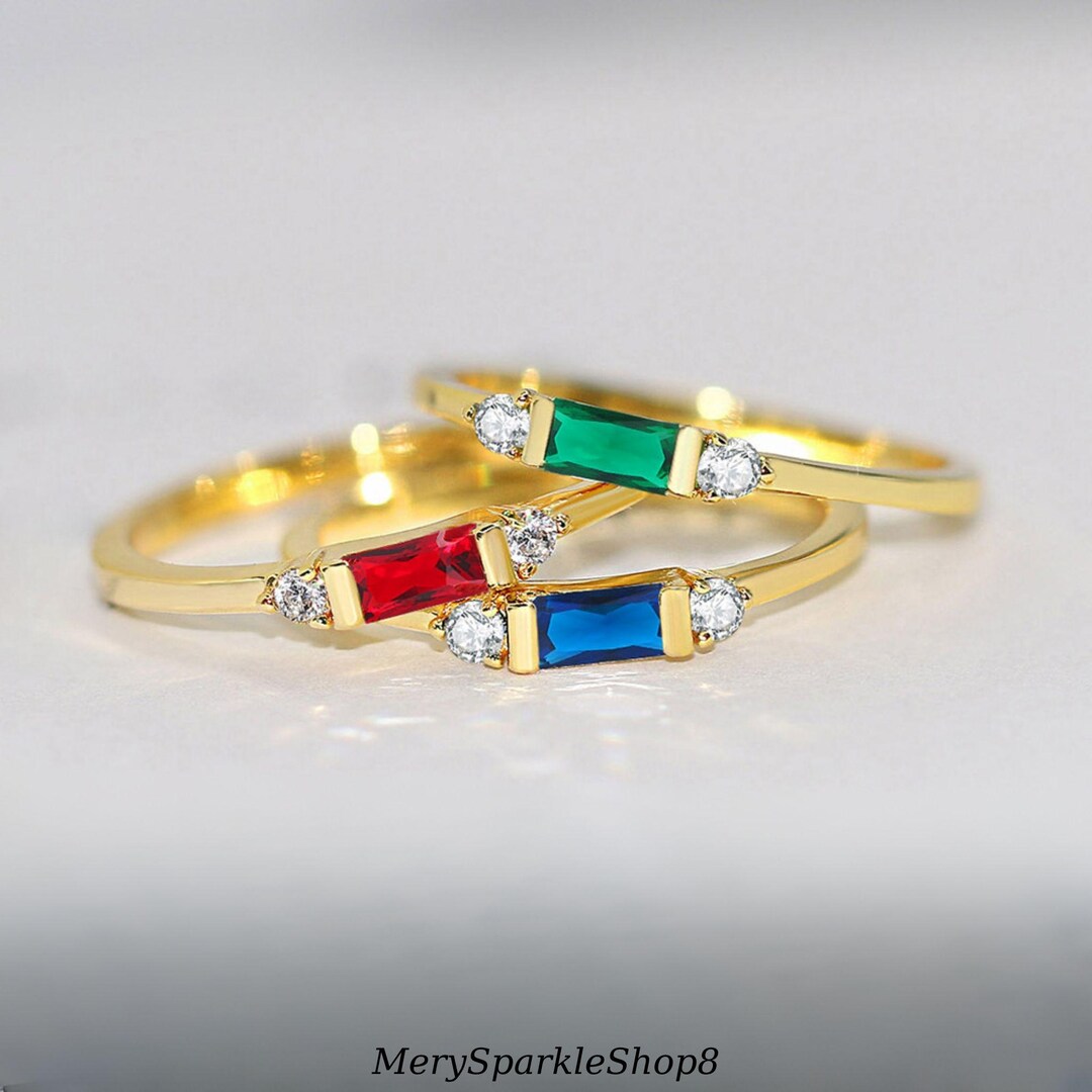 Emerald, Redstone, Sapphire Stone Baguette Ring Set - Stackable ...