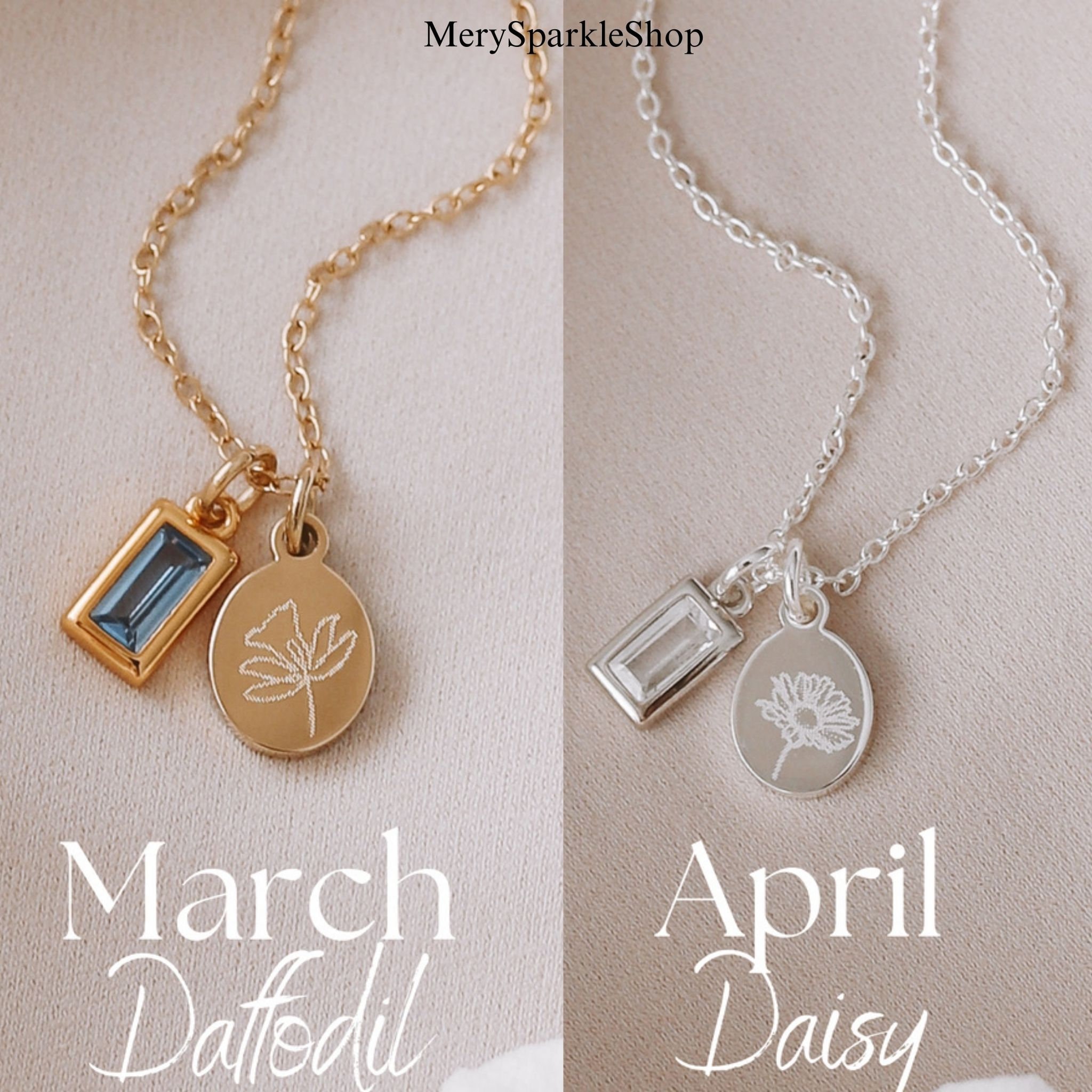 Personalized Birth Flower Birthstone Necklace, Custom Dainty Gemstone ...