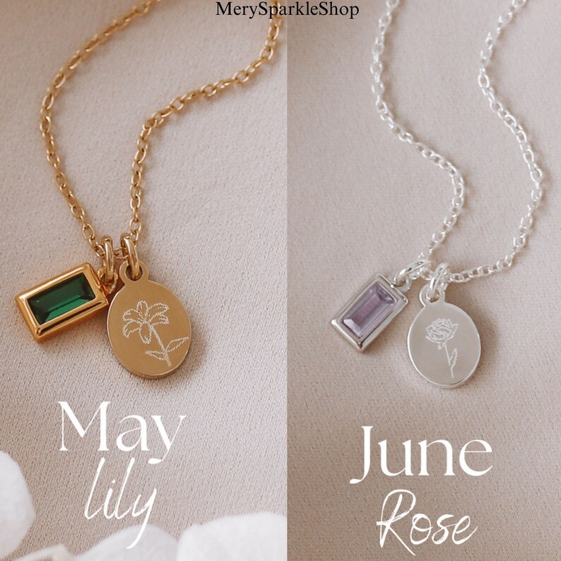 Personalized Birth Flower Birthstone Necklace, Custom Dainty Gemstone ...