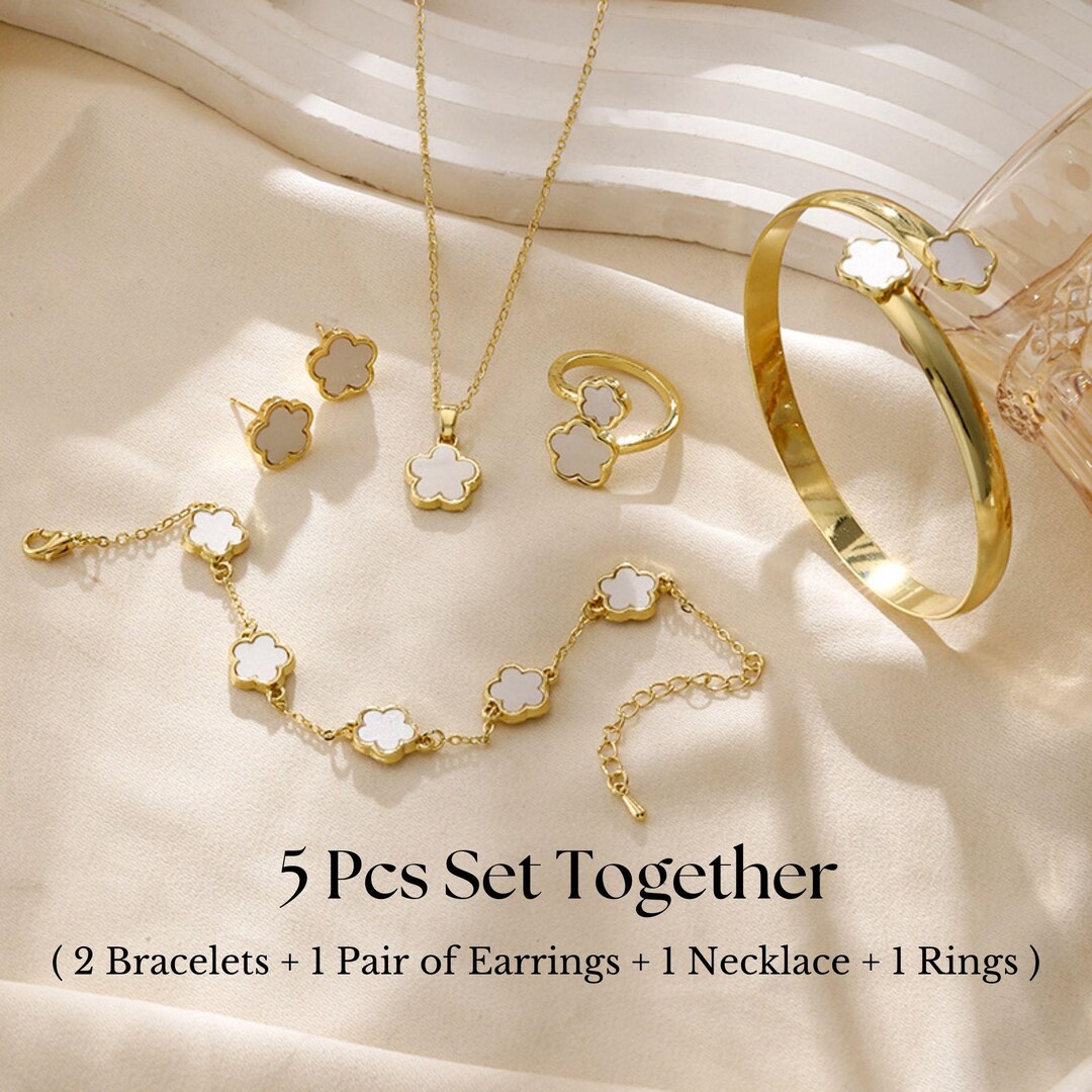 Clover Flower Jewelry Set: 18K Gold Necklace, Bracelet, Ring, Earrings ...
