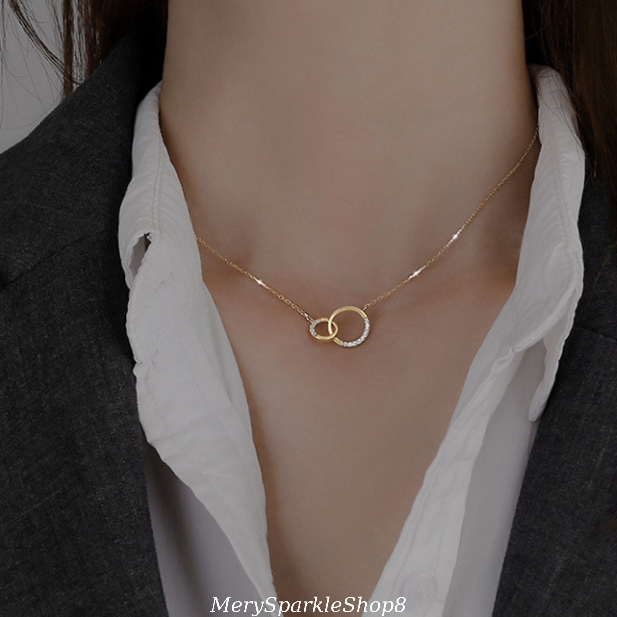 Interlocking Diamond Circle Necklace • Infinity Circle Two Link Necklace • Double Link Necklace ...