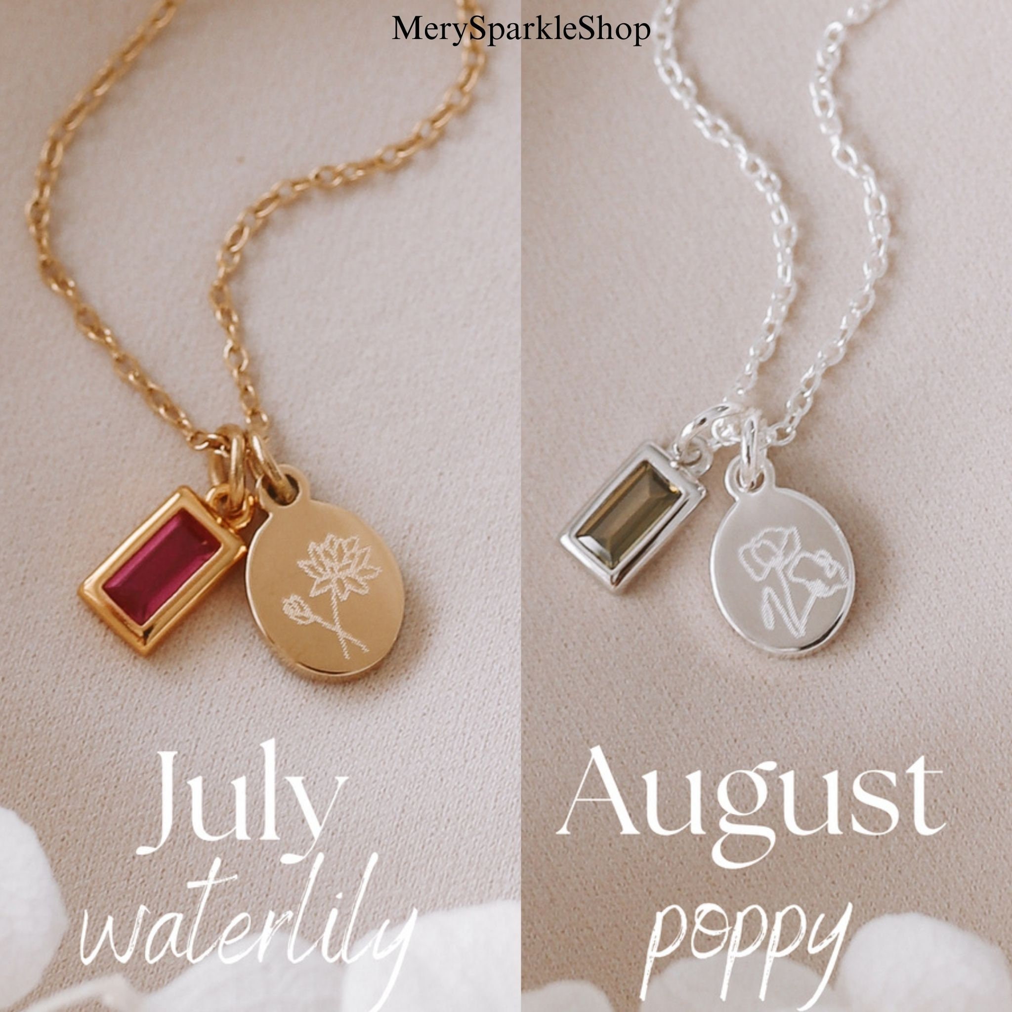 Personalized Birth Flower Birthstone Necklace, Custom Dainty Gemstone ...