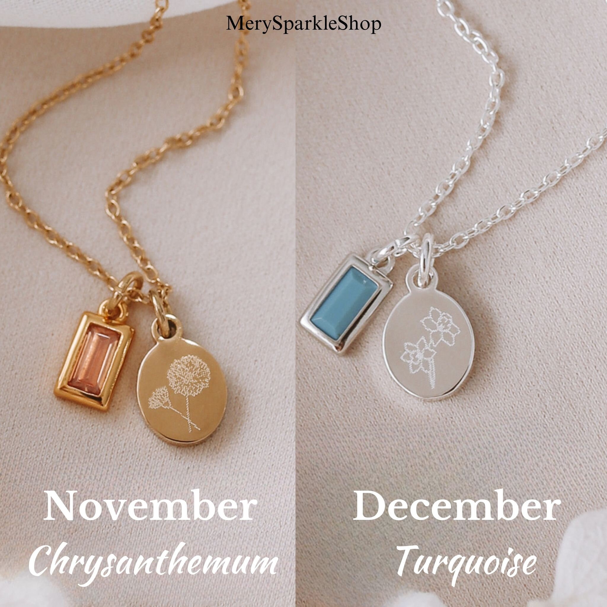 Personalized Birth Flower Birthstone Necklace, Custom Dainty Gemstone ...