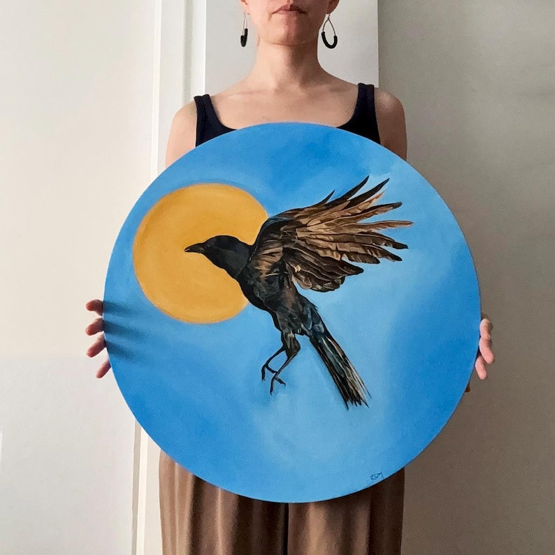 In Flight: Original Oil Painting on Canvas - Black Bird and Moon - Etsy