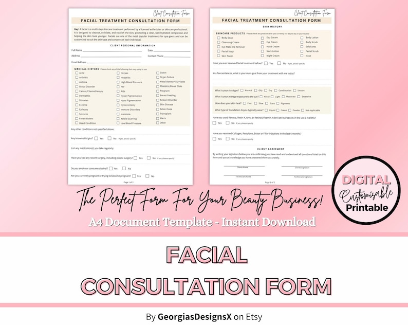 EDITABLE Facial Consultation Form, Client Intake Form,beauty Salon ...