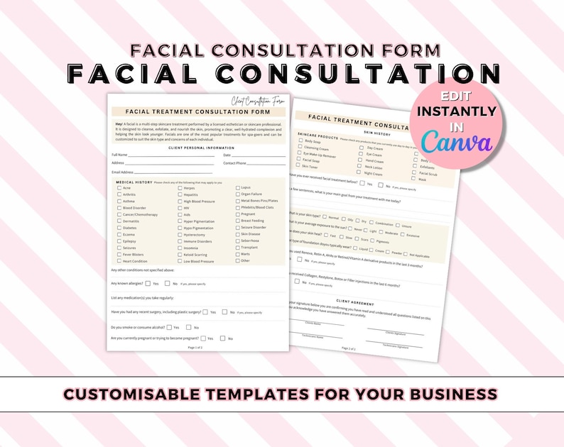 EDITABLE Facial Consultation Form, Client Intake Form,beauty Salon ...