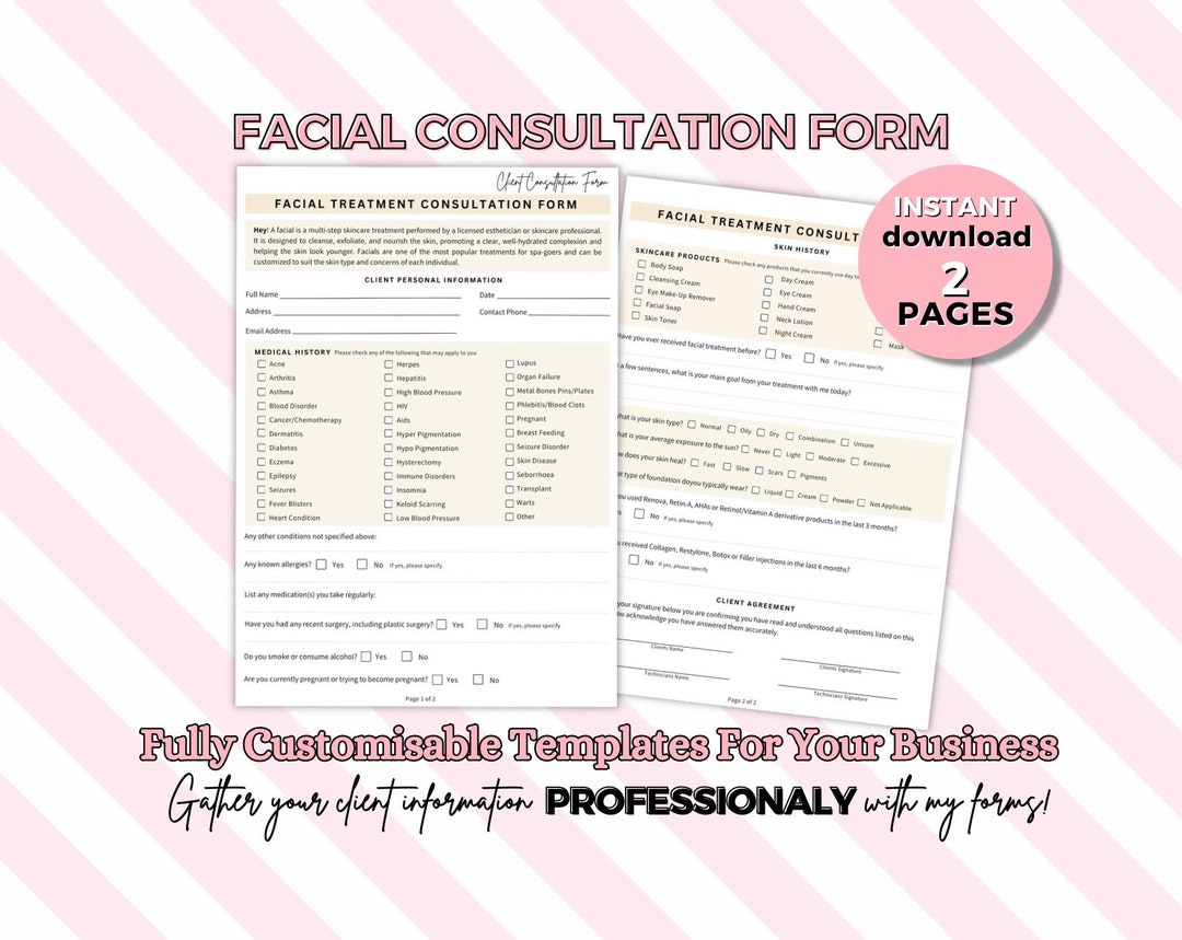Facial Consultation Form Skincare Client Intake, Editable Esthetician ...