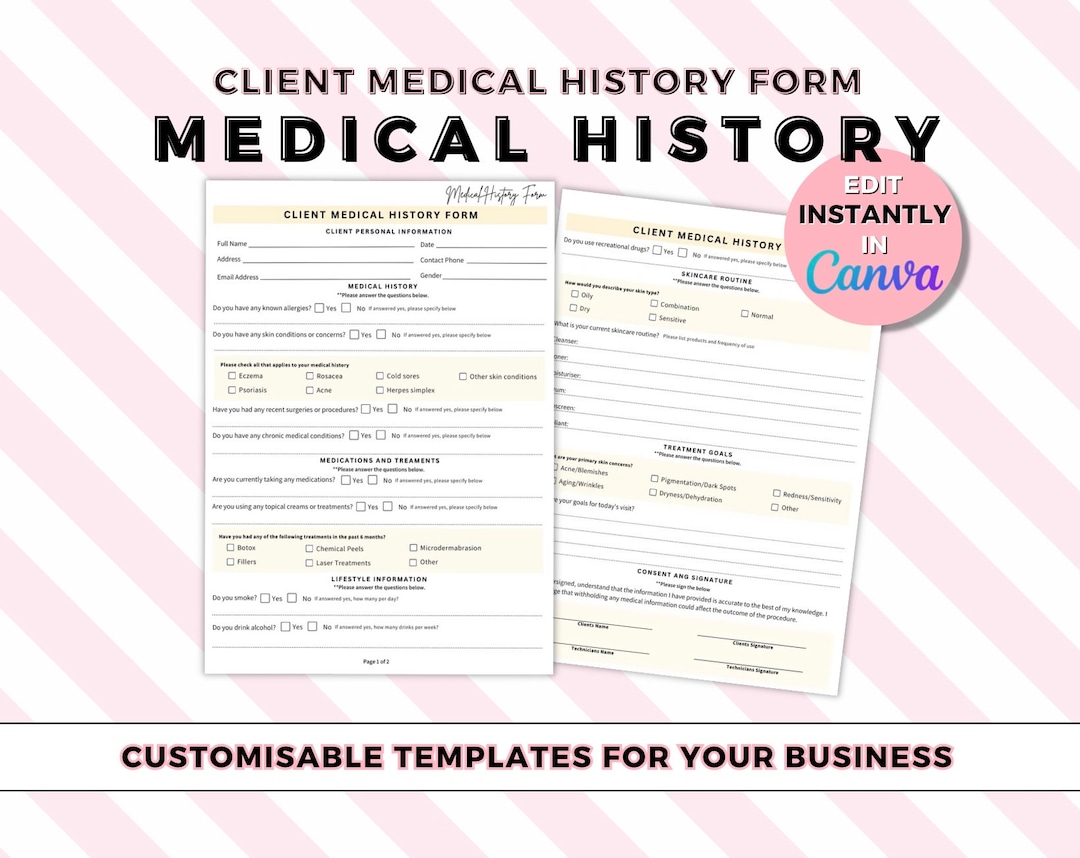 Editable Client Medical History Form Patient Health Record Template ...