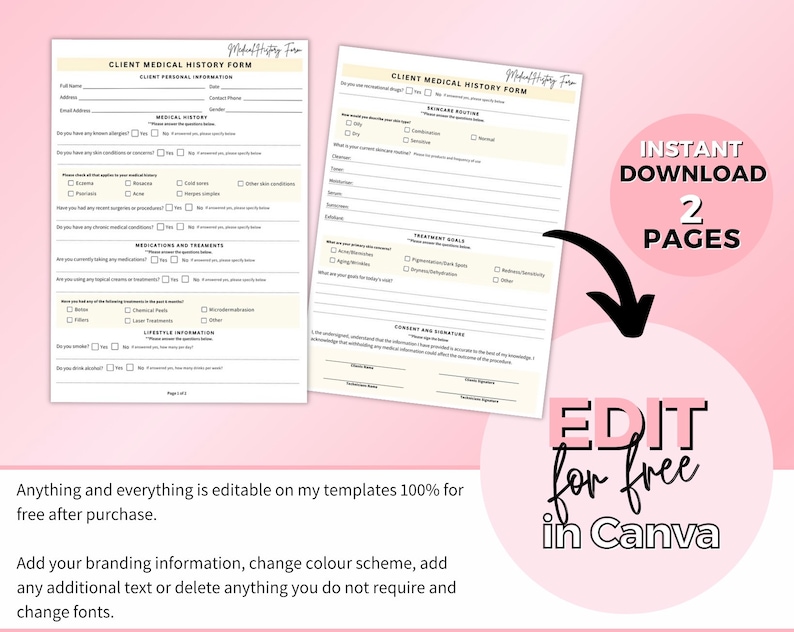 Editable Client Medical History Form Patient Health Record Template ...