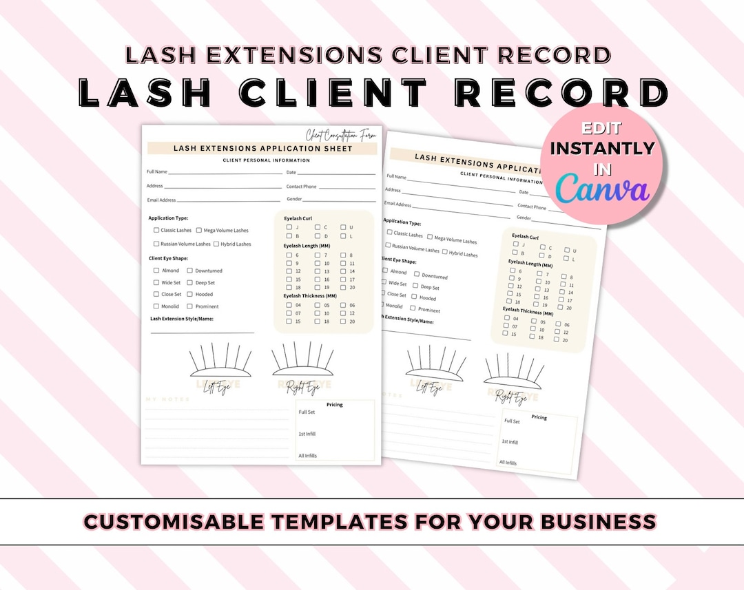 Lash Client Record, Editable Eyelash Extension Form, Lash Tech ...