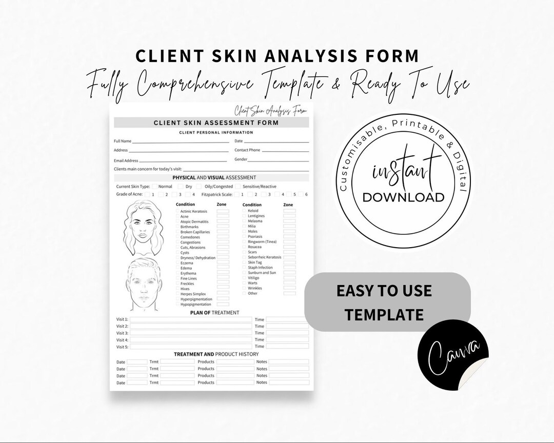 Professional Client Skin Analysis Sheet Customisable Skin Care ...