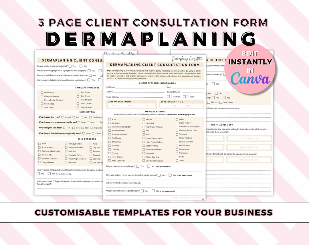 Dermaplaning Client Consultation Form, 3 Page Editable PDF, Esthetician ...