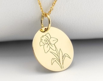 Gold Solid 14K Real Gold Daffodil Flower Necklace, Personalized Flower ...