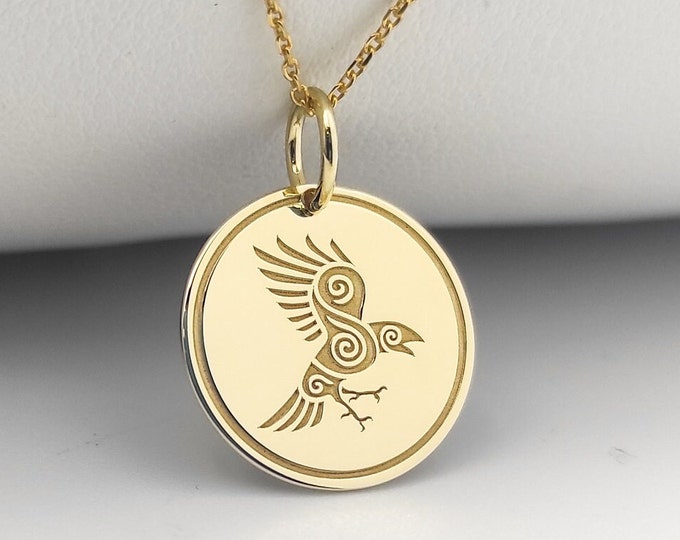 14K Solid Gold Celtic Crow Necklace, Gold Crow Pendant, Personalized ...