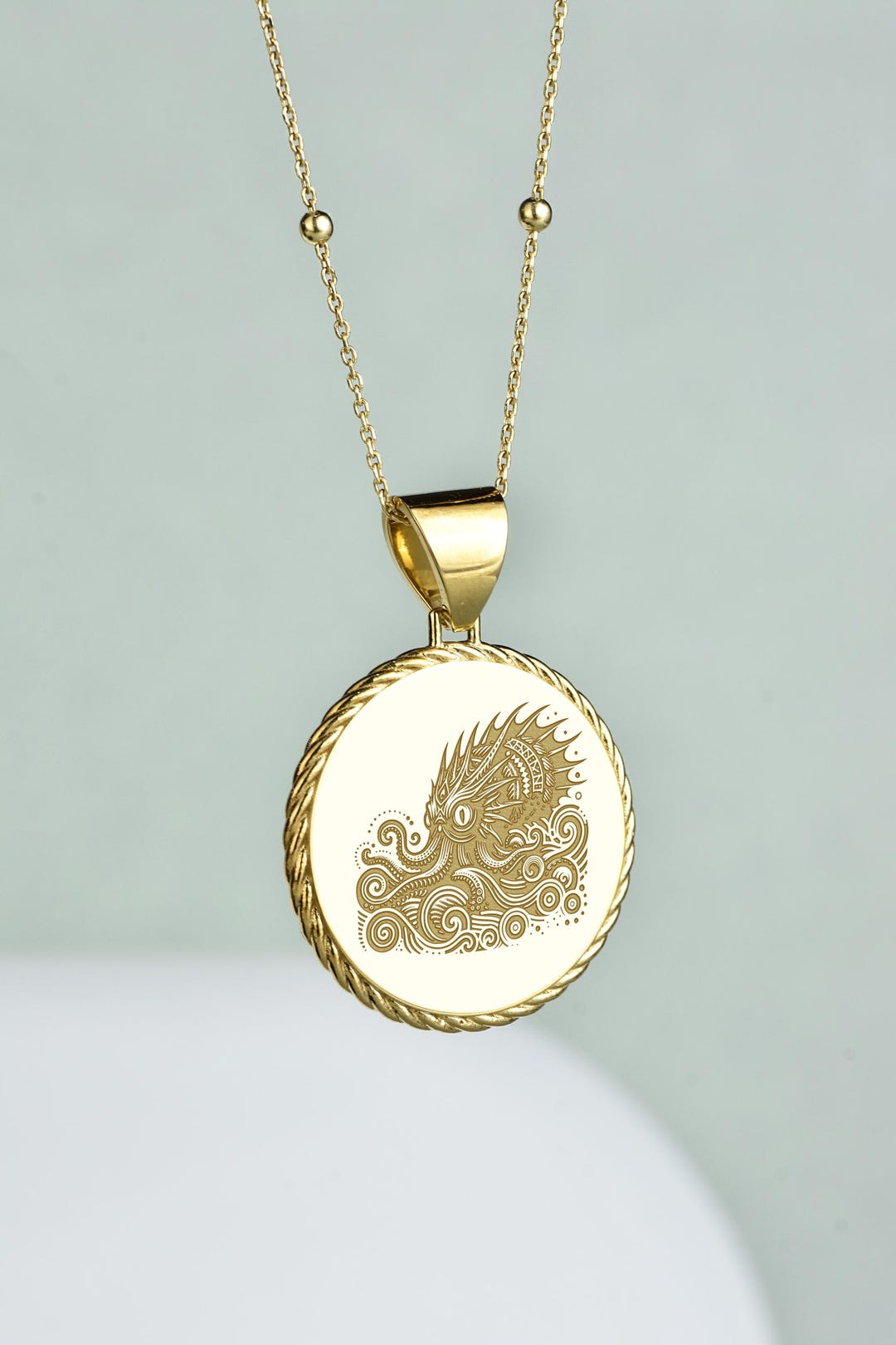 14K Gold Aztec Octopus Coin Charm, Round Rope Necklace, Octopus Jewelry ...