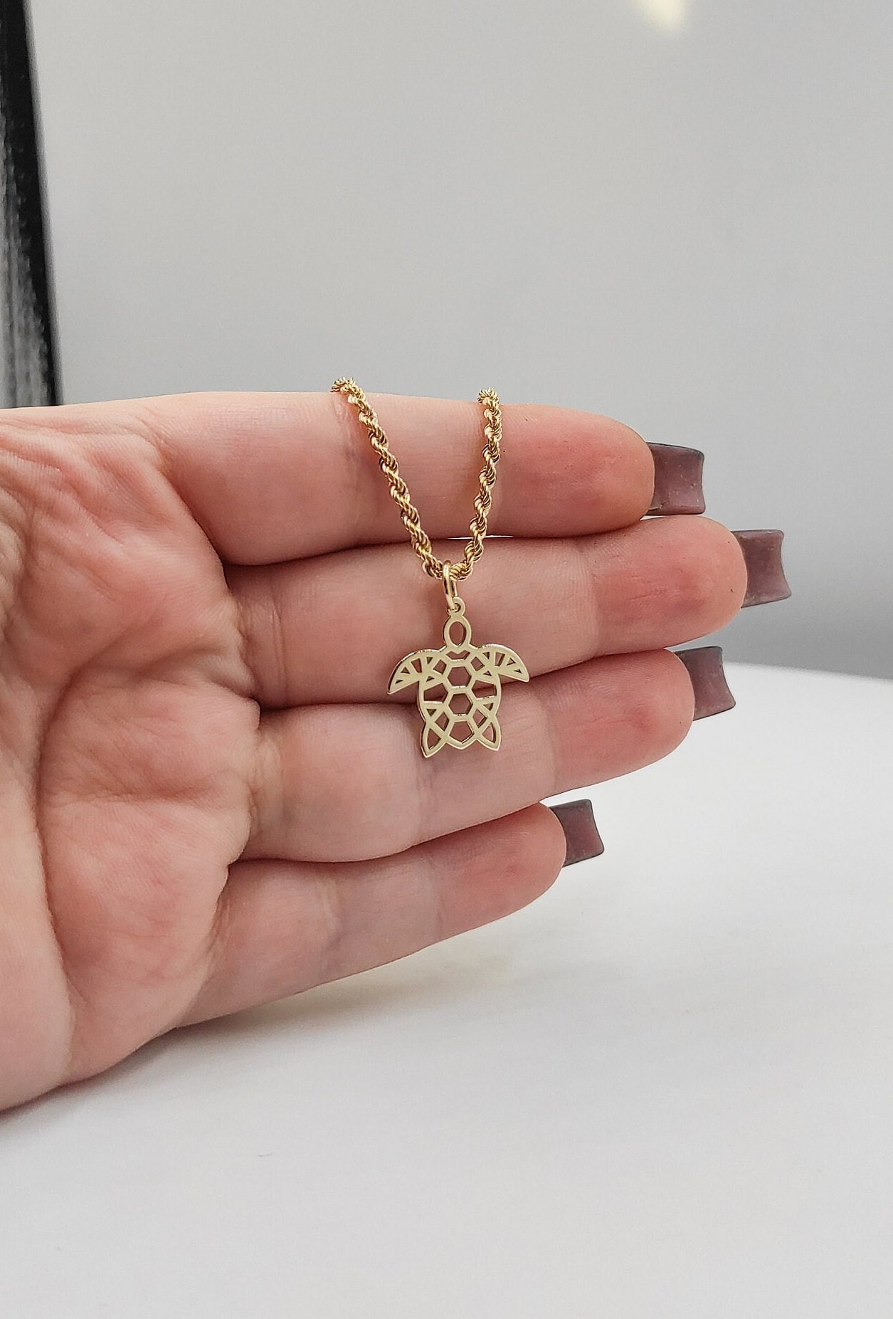 14K Solid Gold Origami Turtle Pendant, Sea Turtle Necklace, Geometric ...