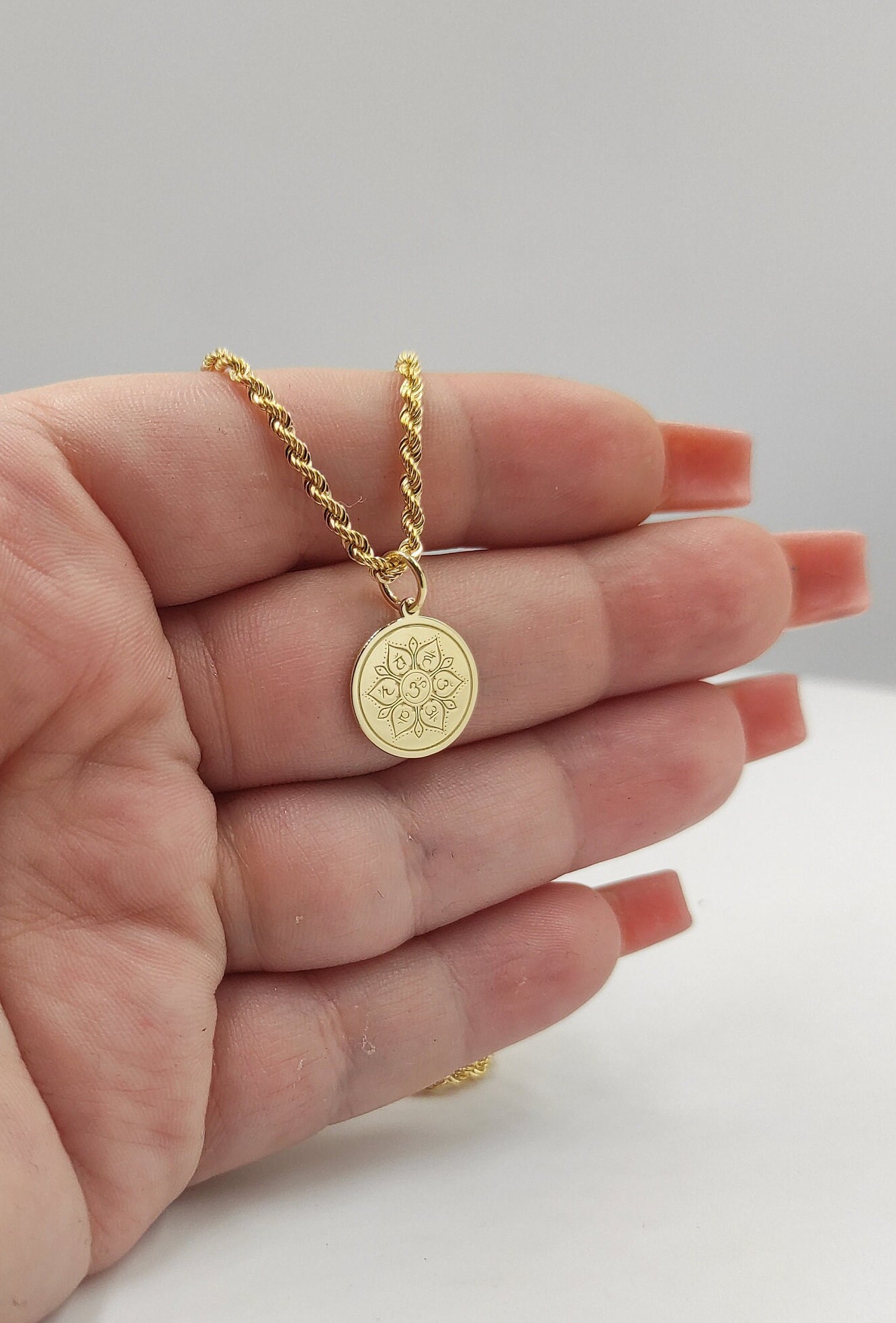 14K Solid Gold Chakra Symbol Pendant, Gold Disc Lotus Om Necklace ...