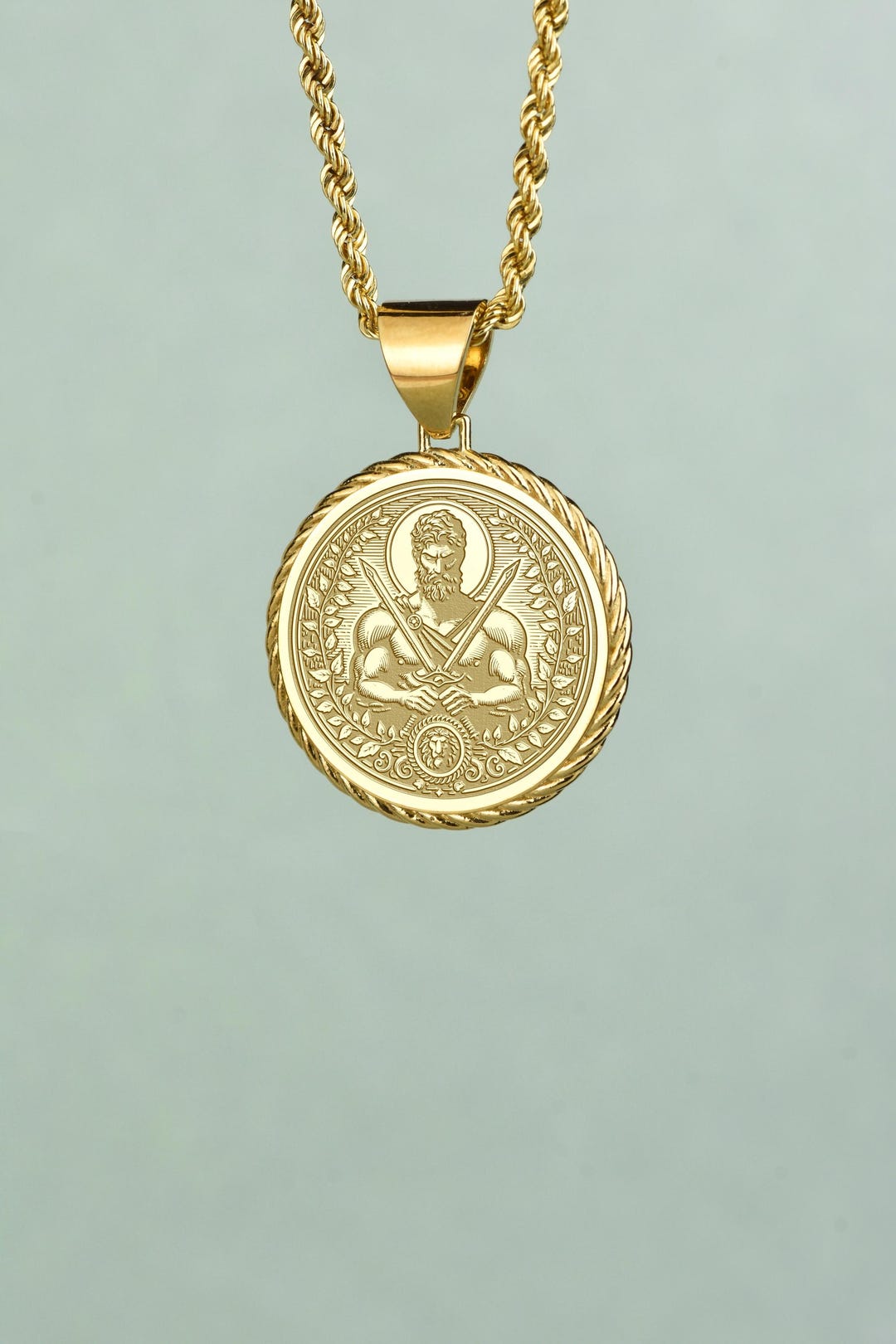 14K Gold Ares God Coin Necklace, Round Rope Pendant, Greek Mythology ...