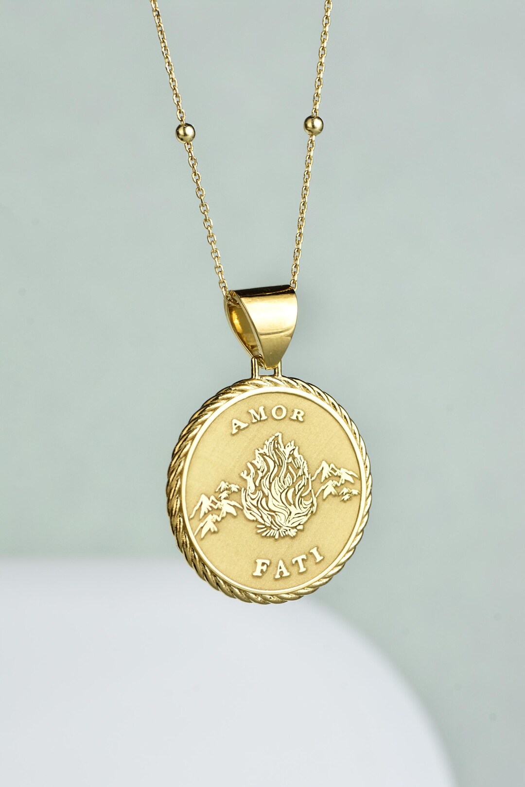 14K Gold Amor Fati Necklace, Latin Quote Charm, Memento Mori Pendant ...
