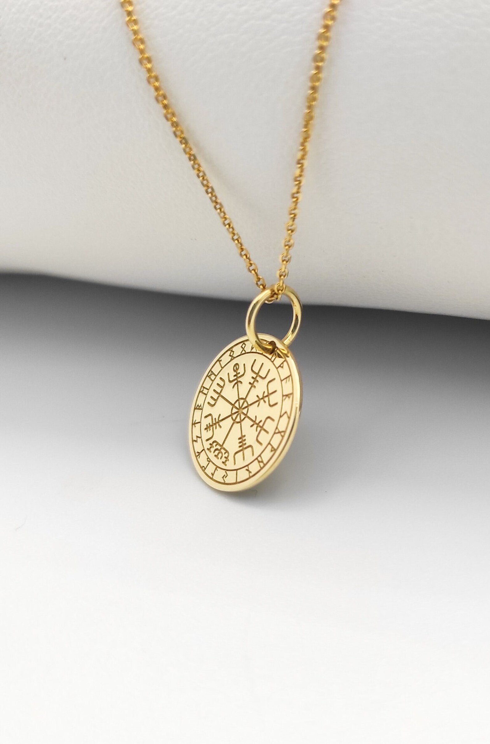 14K Solid Gold Viking Compass Necklace, Norse Mythology Disc Pendant ...