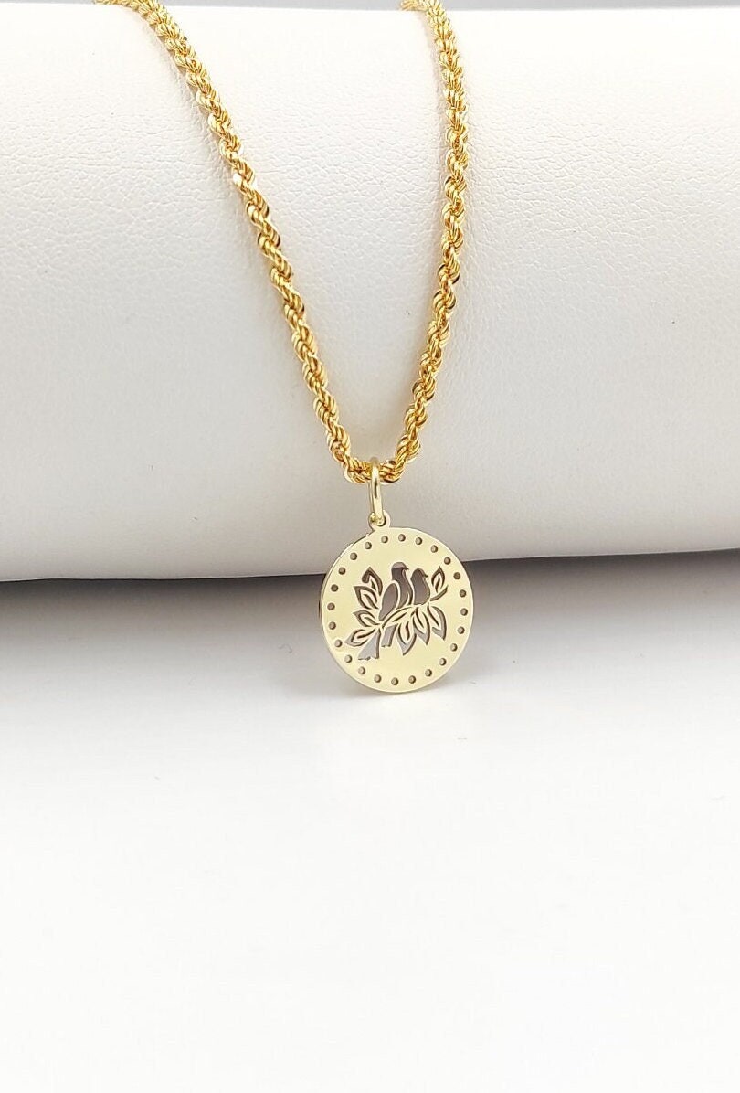 14K Solid Gold Dove Necklace, Gold Birds of Peace Disc Pendant, Dove ...