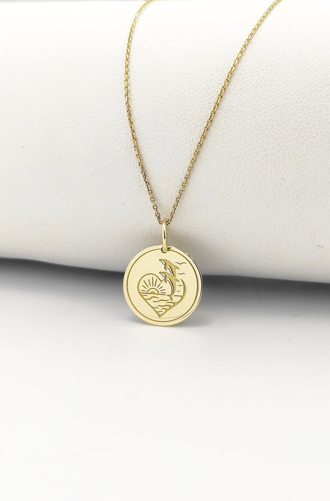 14K Solid Gold Dolphins Necklace, Ocean Pendant, Personalized Dolphin ...