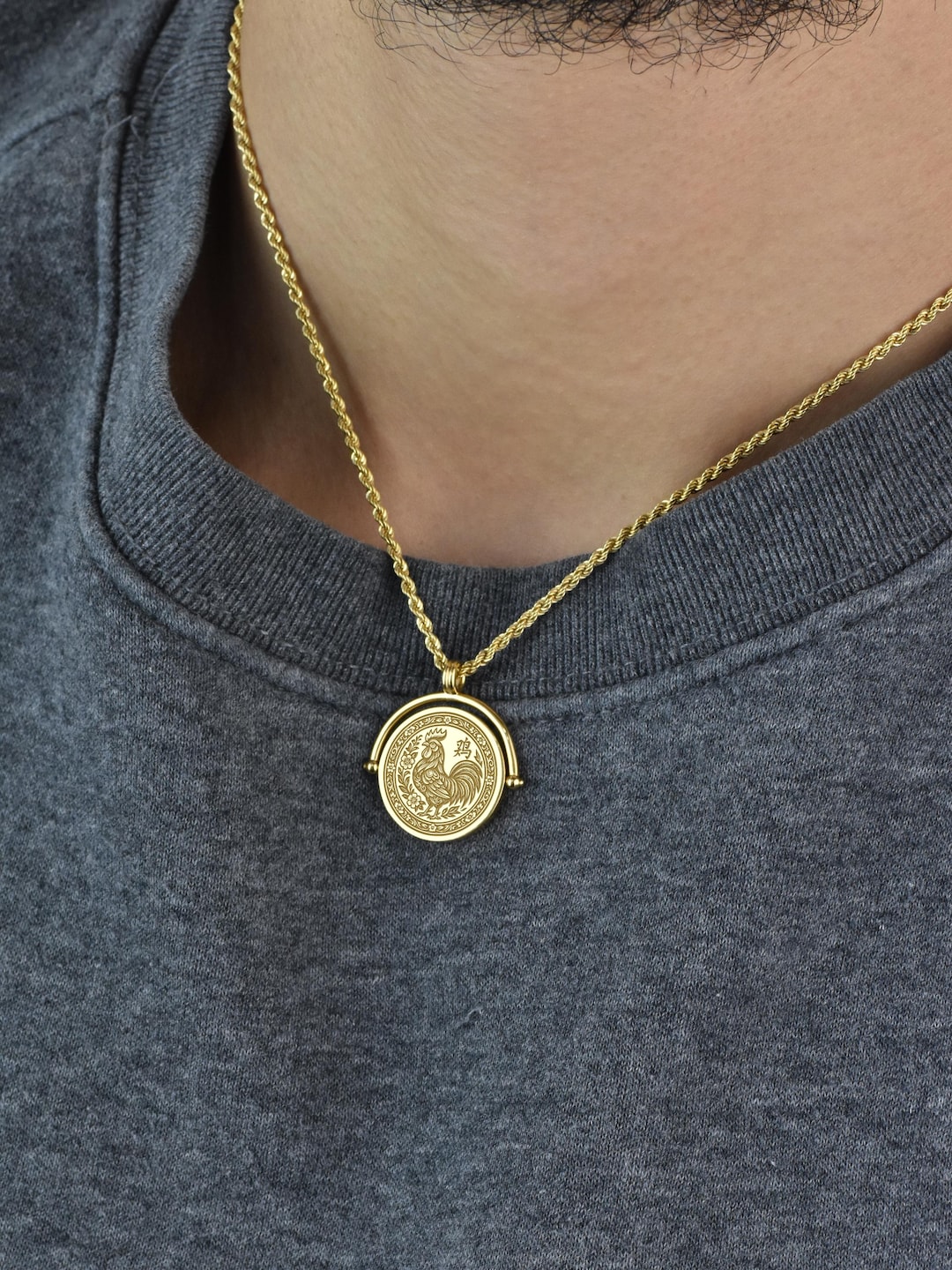 14K Gold Chinese Rooster and Scorpio Spinner Necklace, Double Sided ...