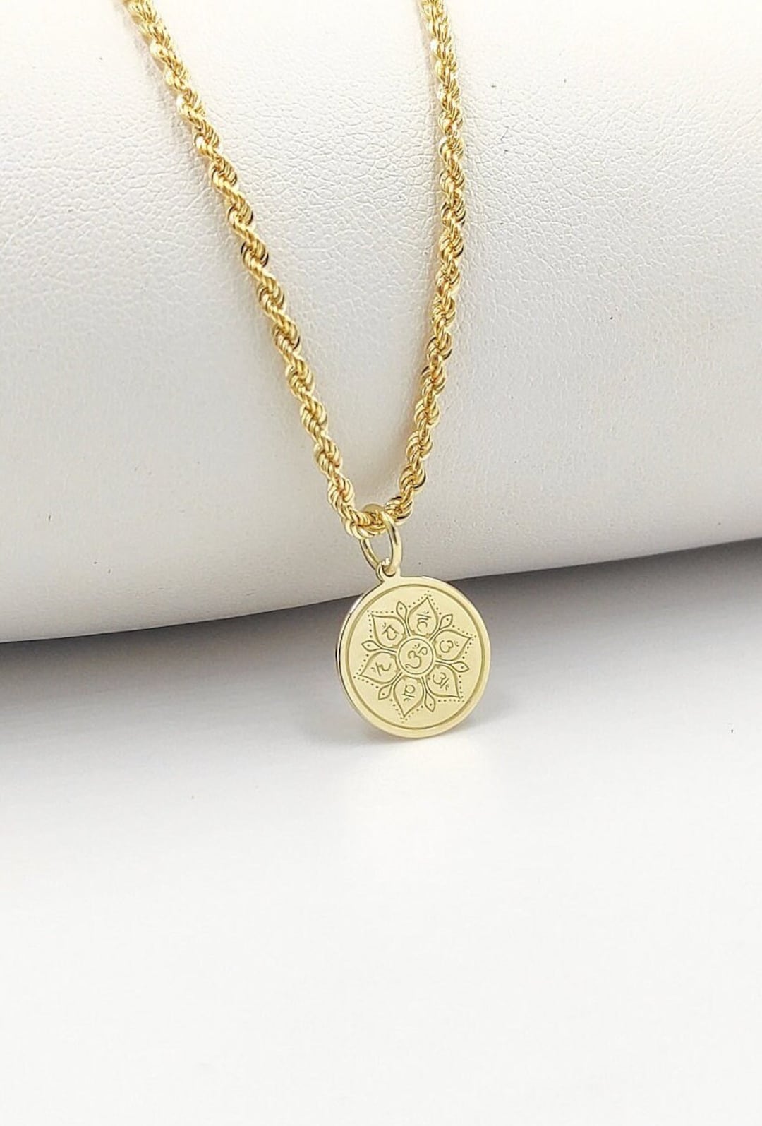 14K Solid Gold Chakra Symbol Pendant, Gold Disc Lotus Om Necklace ...