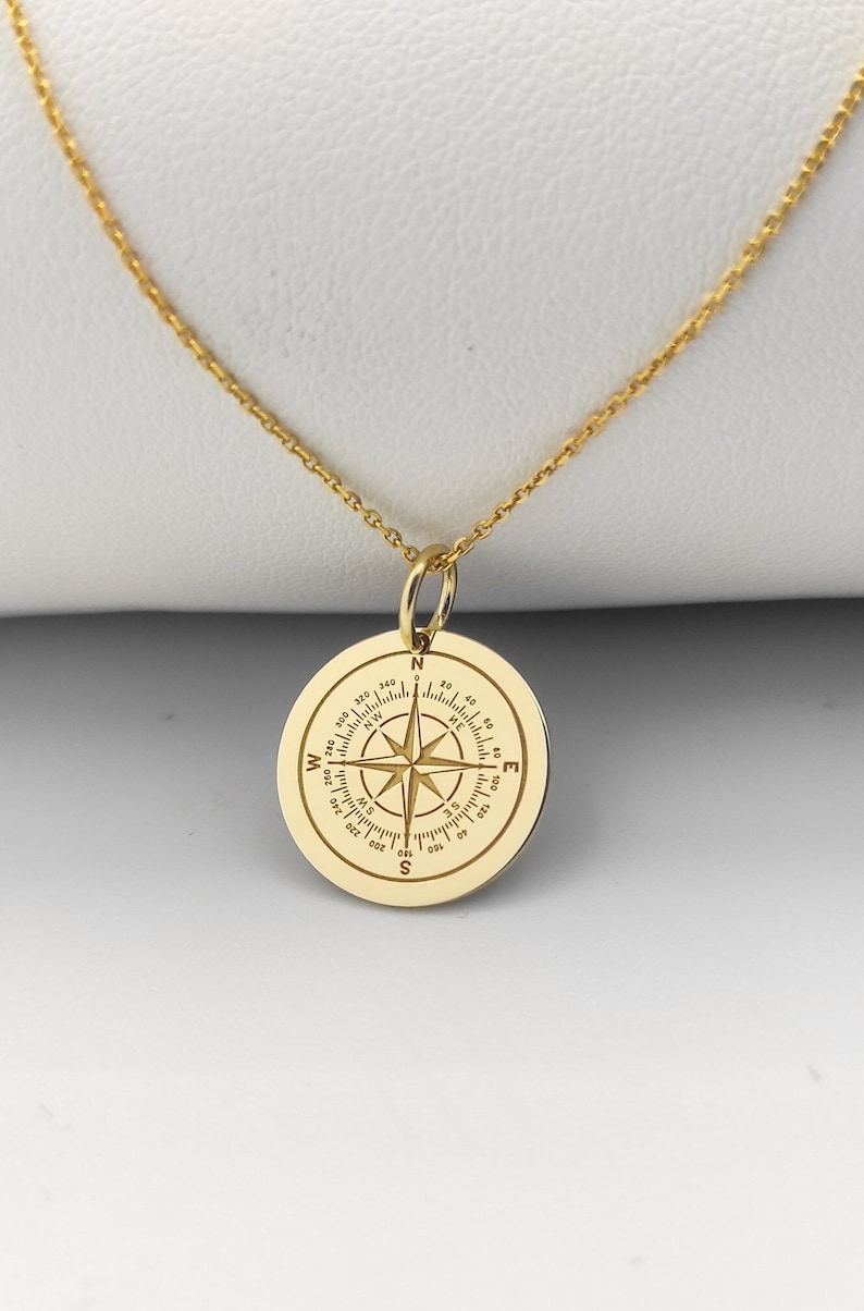 14K Solid Gold Compass Necklace, Gold Coin North Star Compass Pendant ...