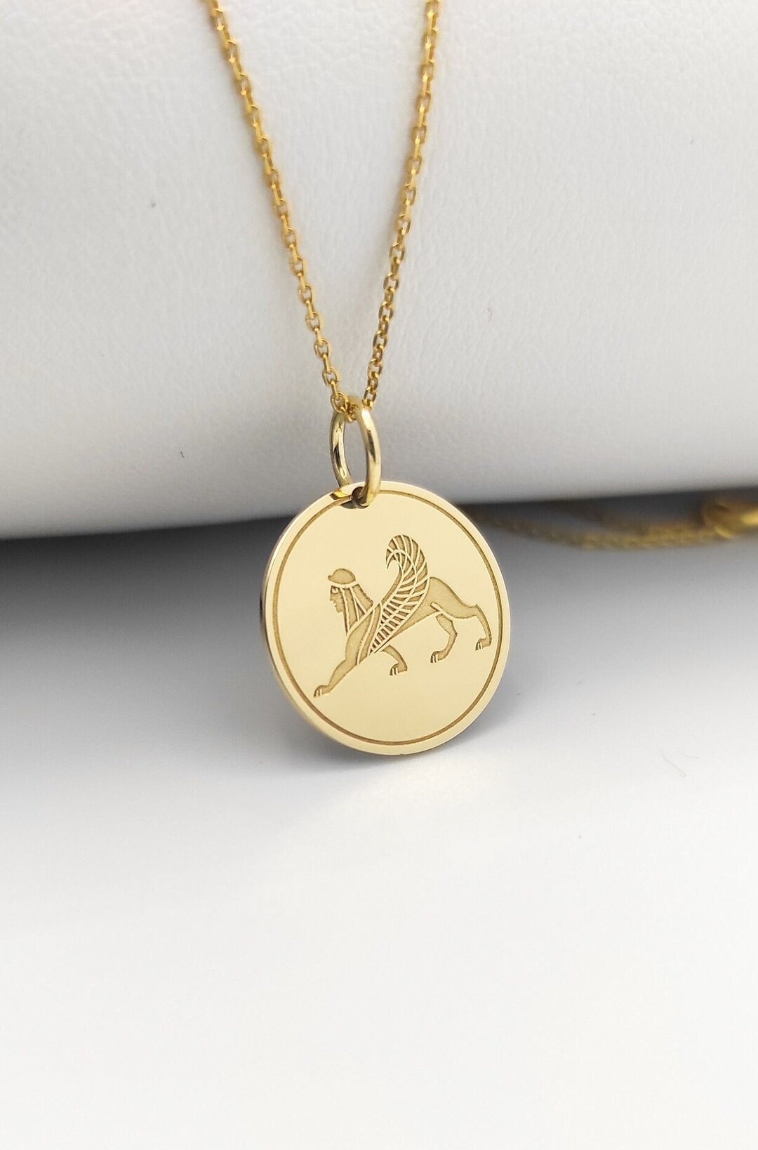 14K Solid Gold Sphinx Necklace, Egyptian Pendant, Mythology Jewelry ...