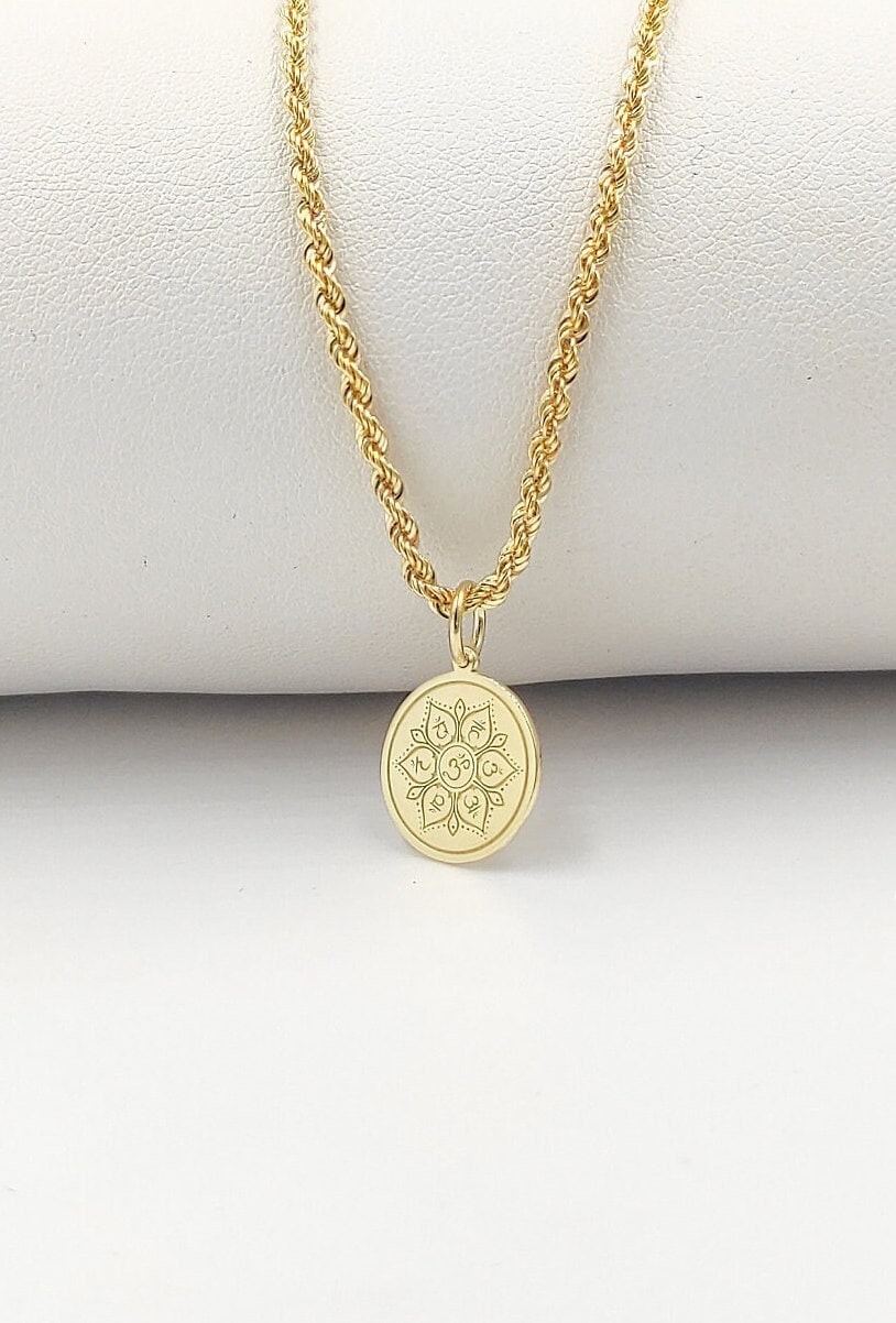 14K Solid Gold Chakra Symbol Pendant, Gold Disc Lotus Om Necklace ...