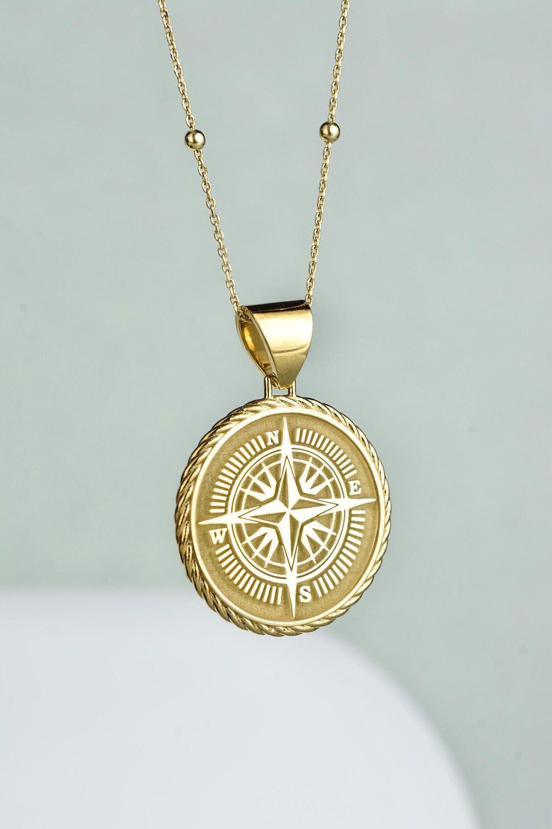 14K Solid Gold Compass Necklace, Engraved Nautical Pendant - Etsy