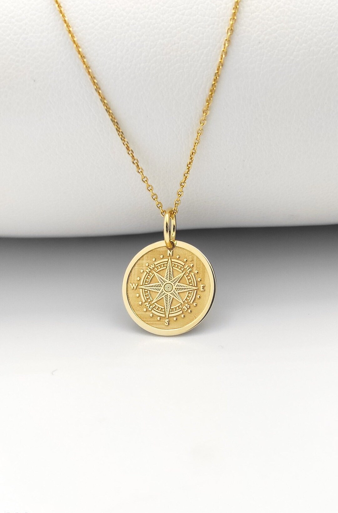 14K Solid Gold Compass Pendant, Engraved Compass Necklace, Gold Compass ...