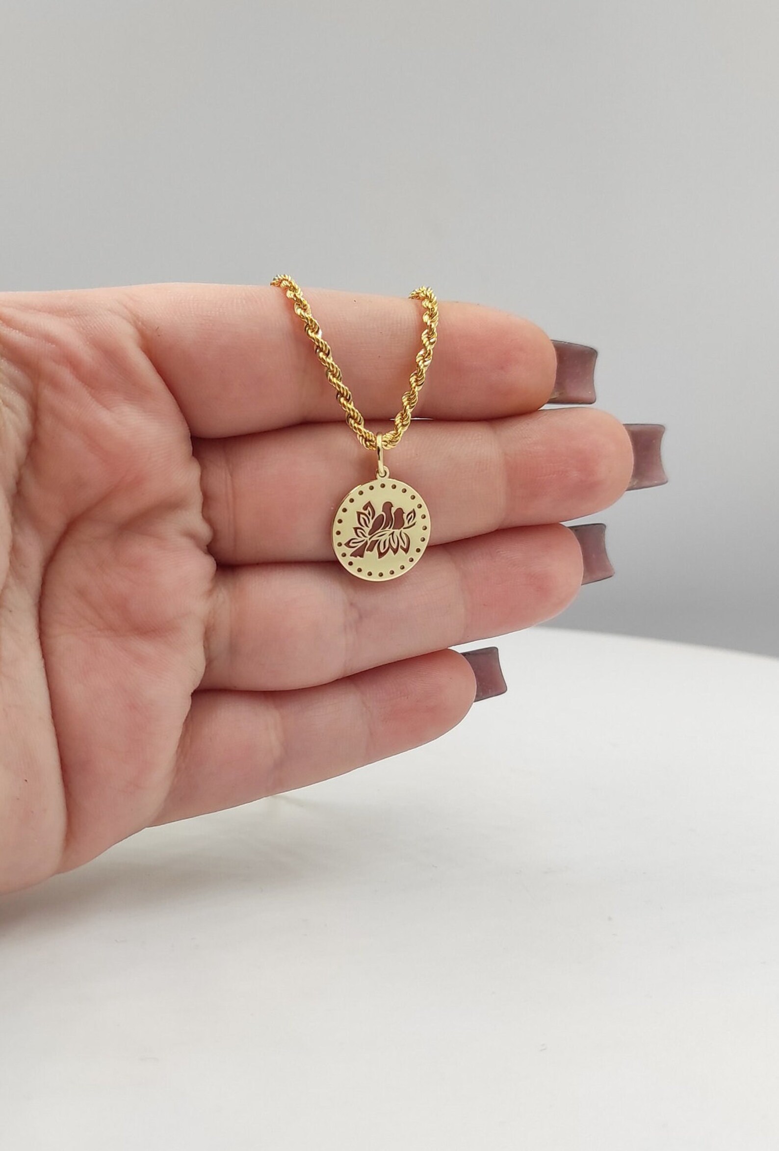 14K Solid Gold Dove Necklace, Gold Birds of Peace Disc Pendant, Dove ...