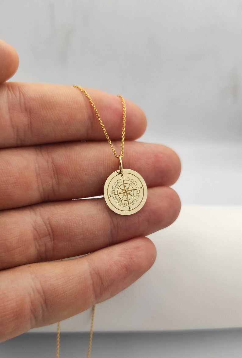 14K Solid Gold Compass Necklace, Gold Coin North Star Compass Pendant ...