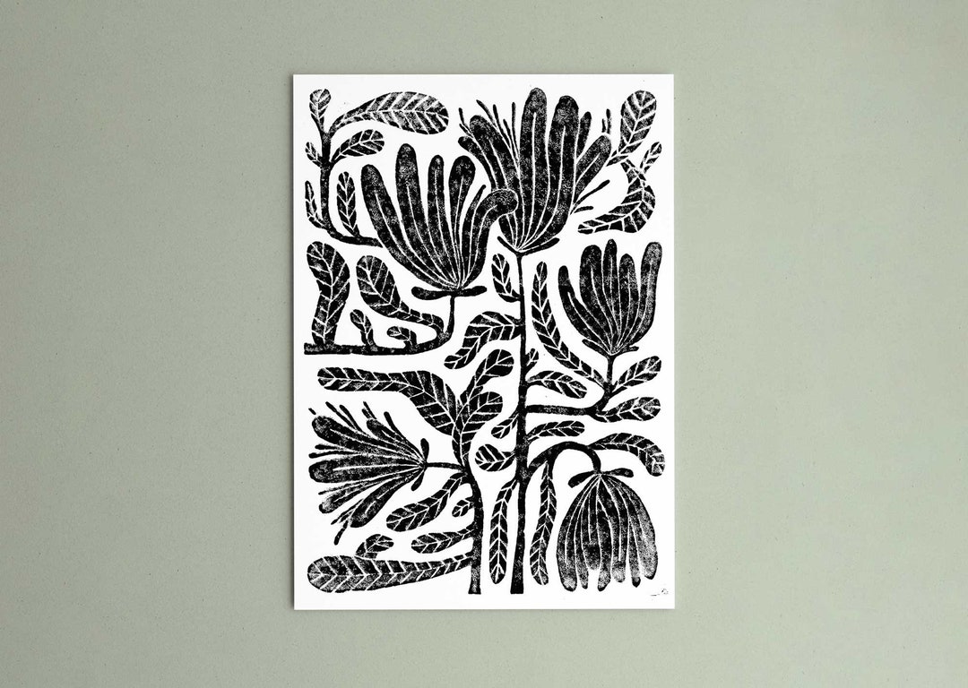 Floral Linocut spring Flowers, Leaves and Petals in a Bouquet Plant A5 ...