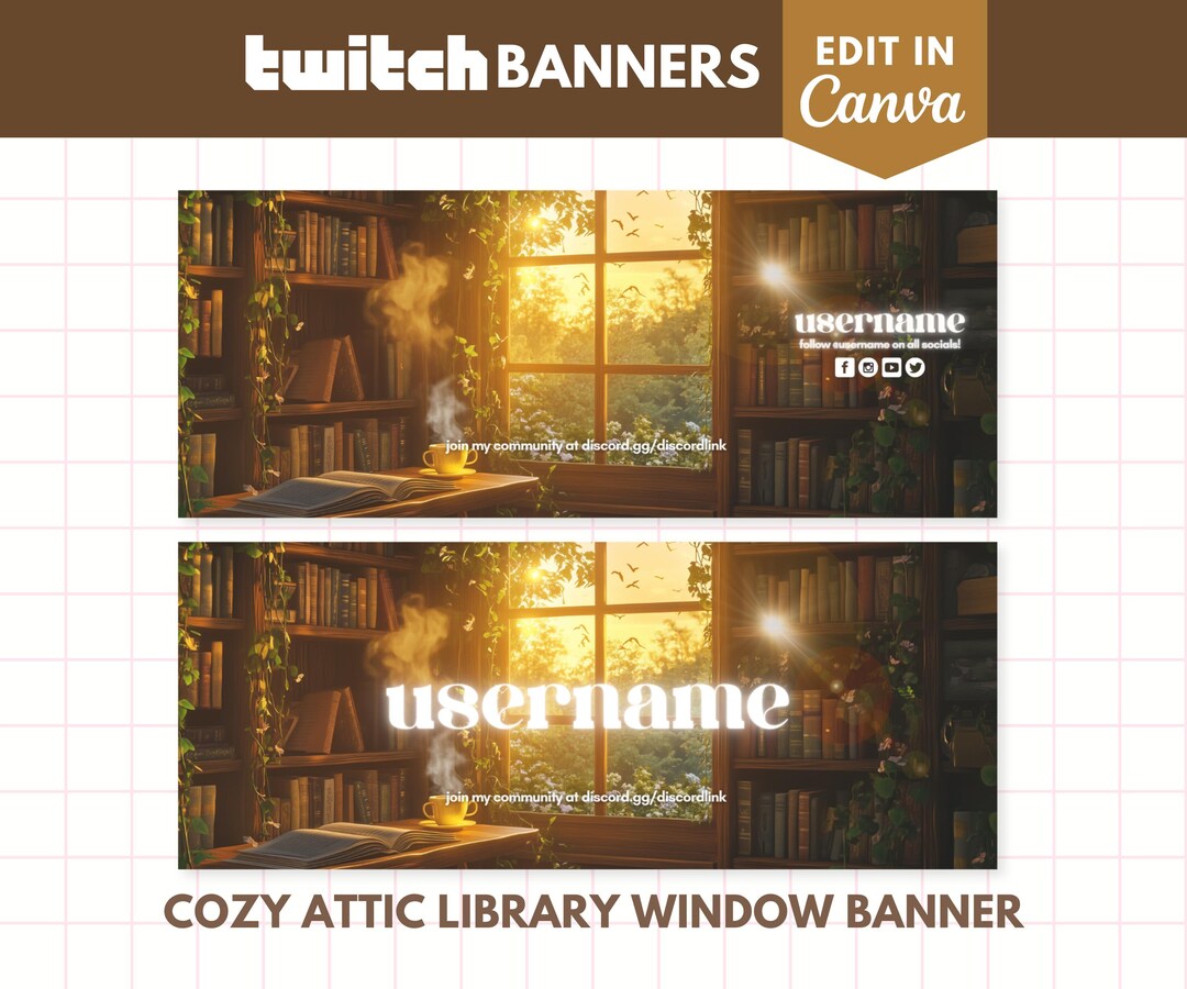 Cozy Library Attic Twitch Banner Background Banner Cottagecore Editable ...