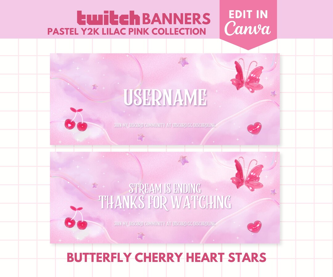 Pastel Y2K Twitch Banner Template Butterfly Stars Cherry Sparkles ...