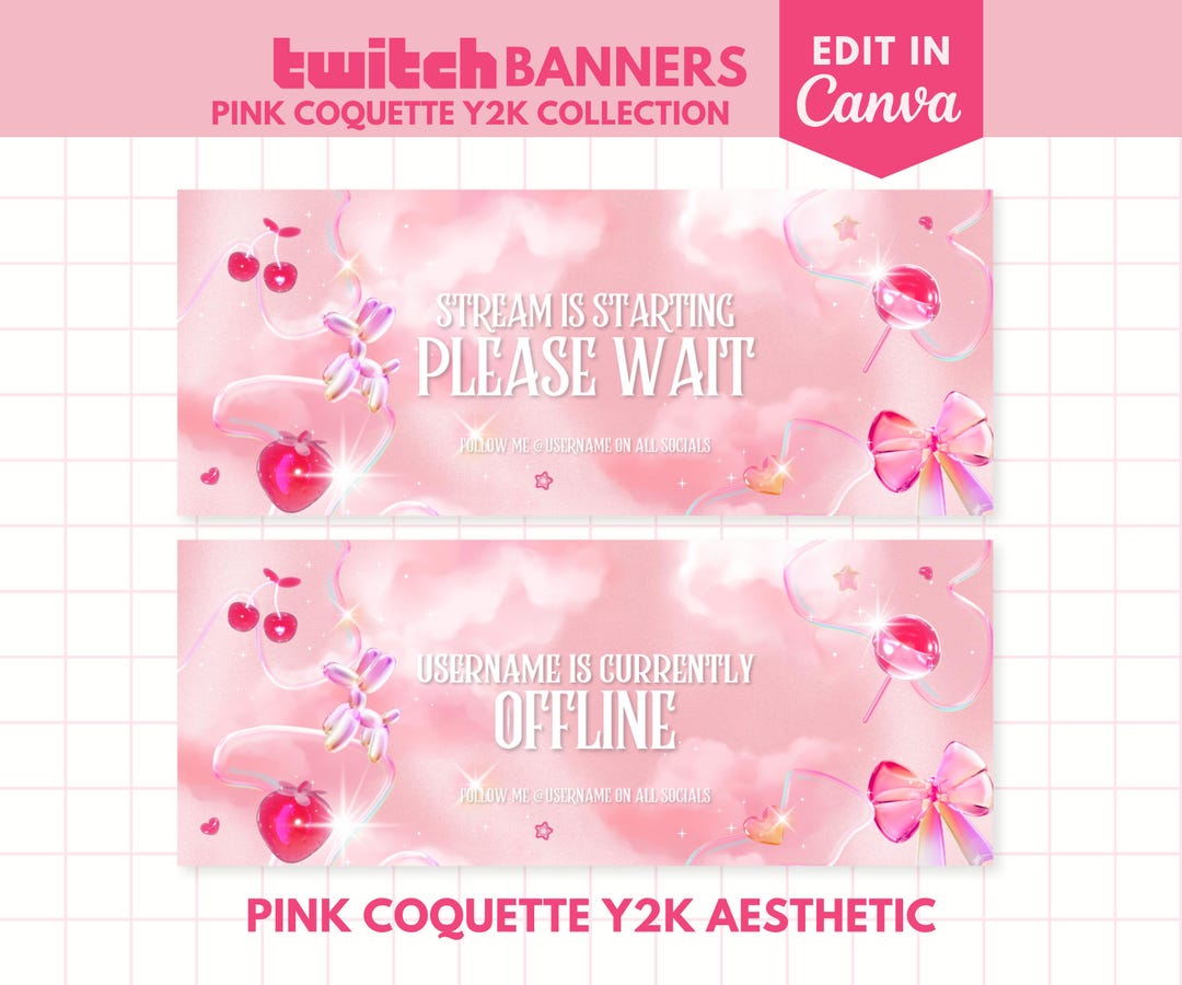 Coquette Y2K Twitch Banner Template Cute Clouds Sparkles Editable ...