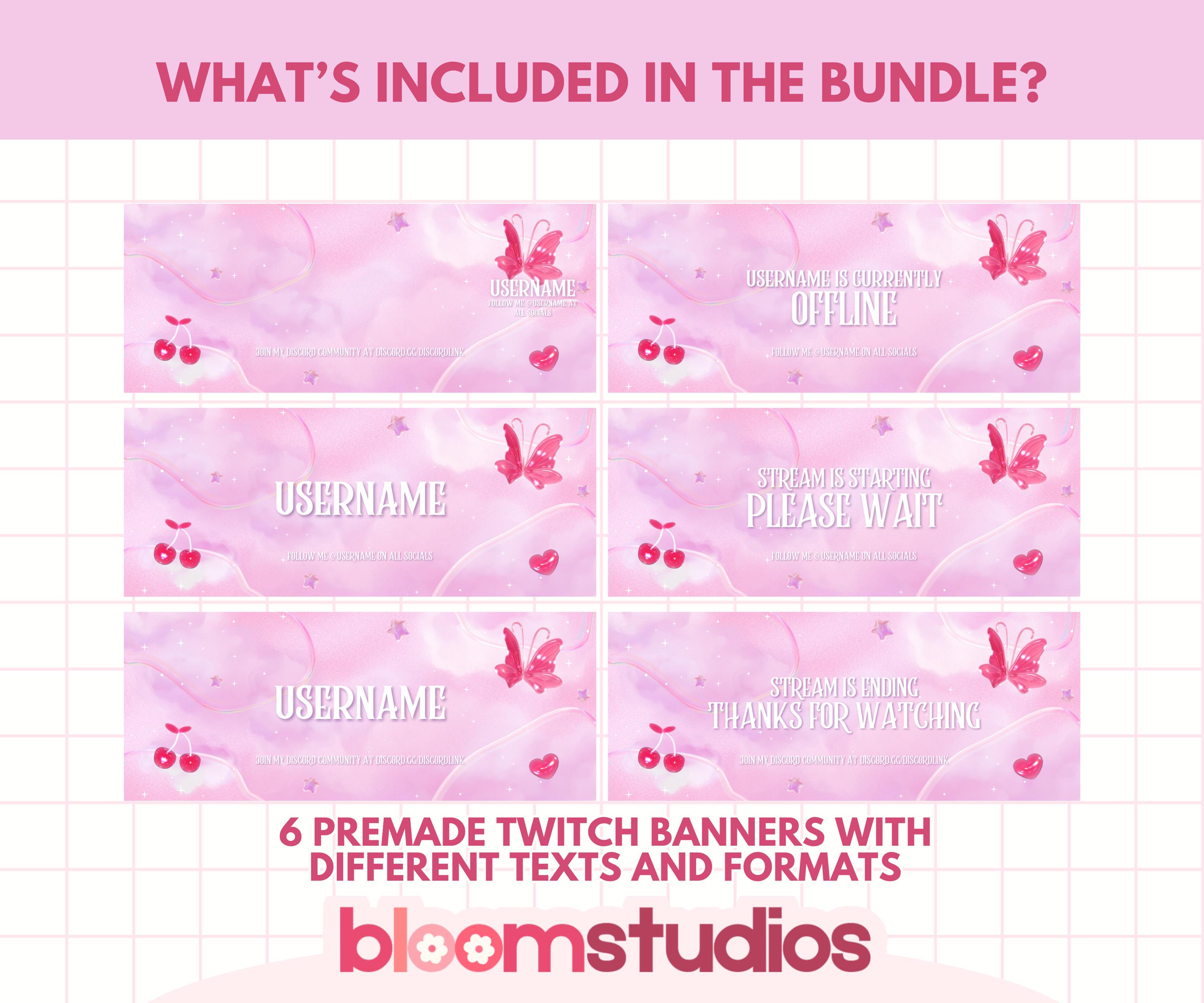 Pastel Y2K Twitch Banner Template Butterfly Stars Cherry Sparkles ...