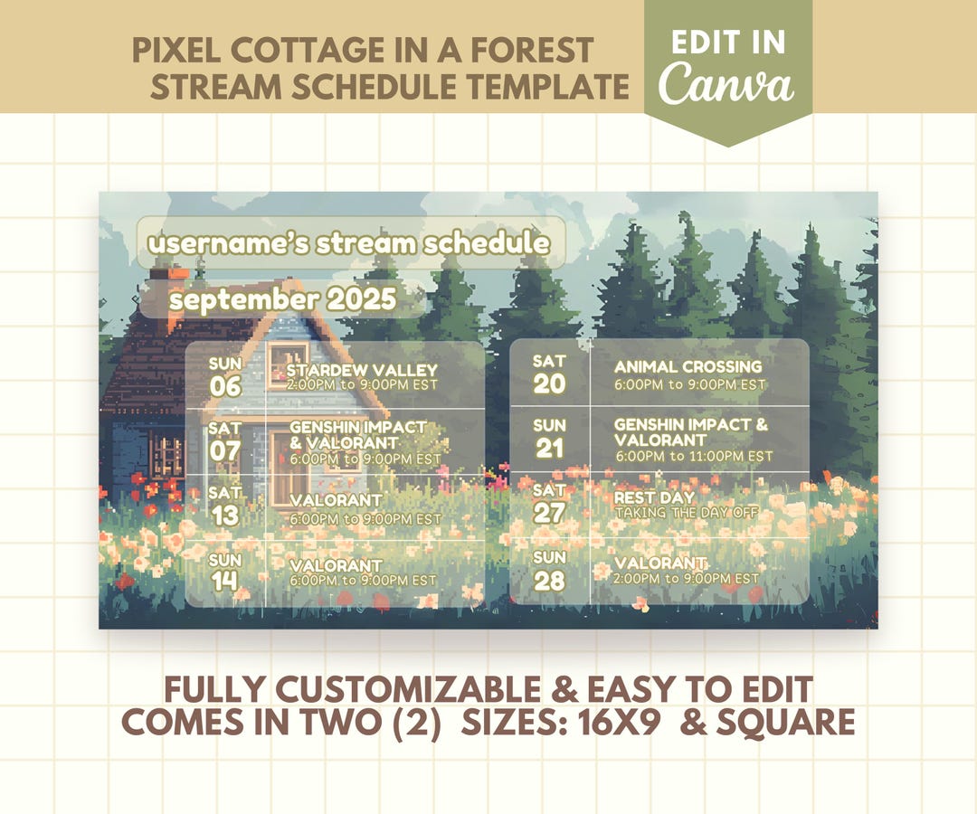 Cottagecore Stream Schedule Template, Pixel Art Canva (editable) - Etsy