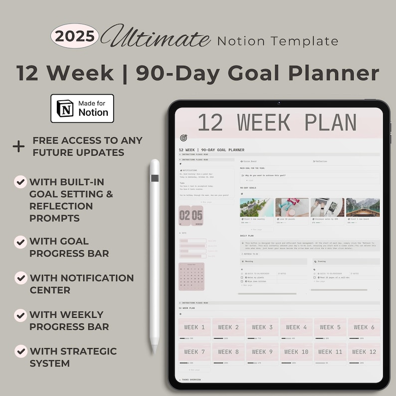 12 Week Goal Planner Notion Template Productivity Goal Tracker ...
