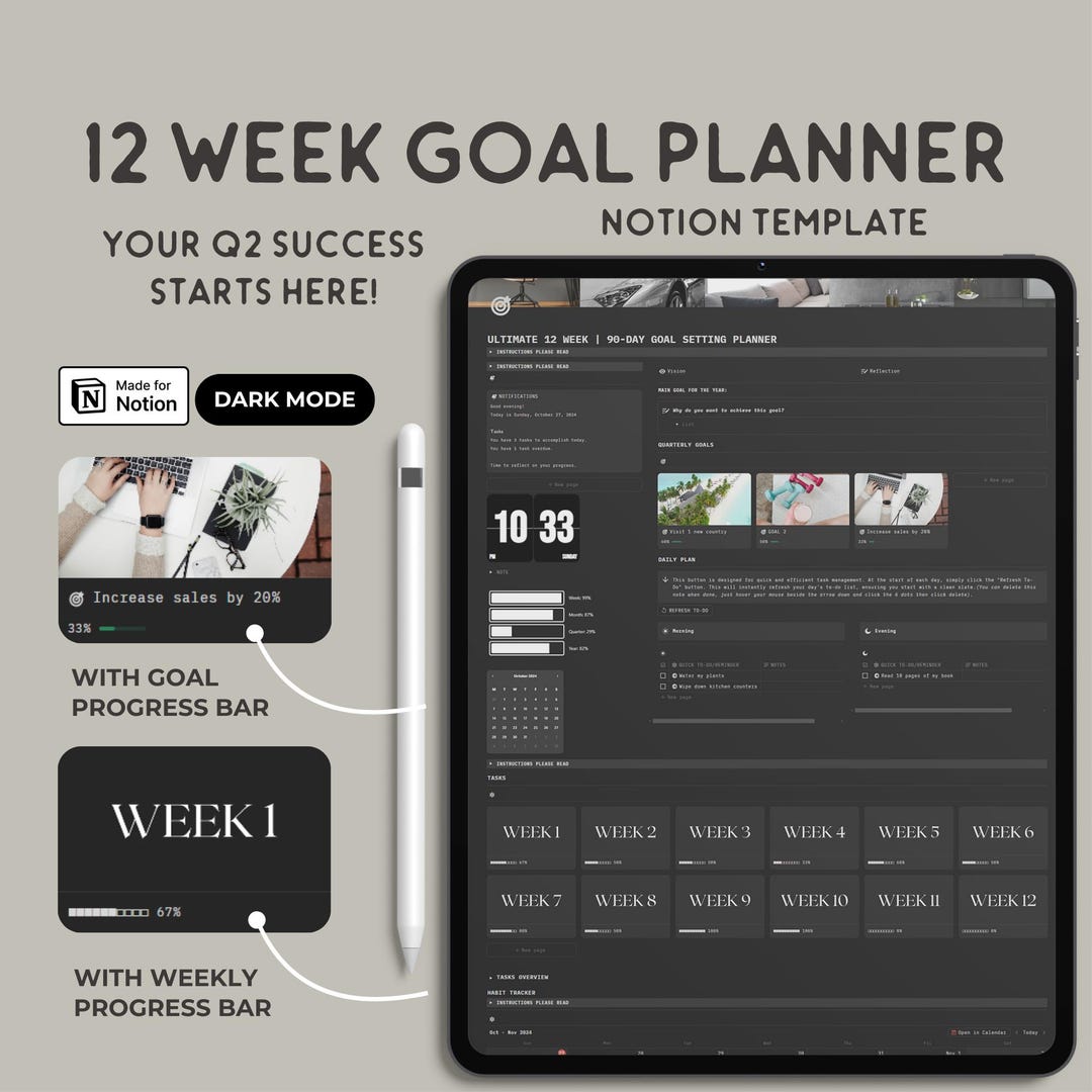 12 Week Goal Setting Productivity Planner 90-day Goal Planner Notion ...