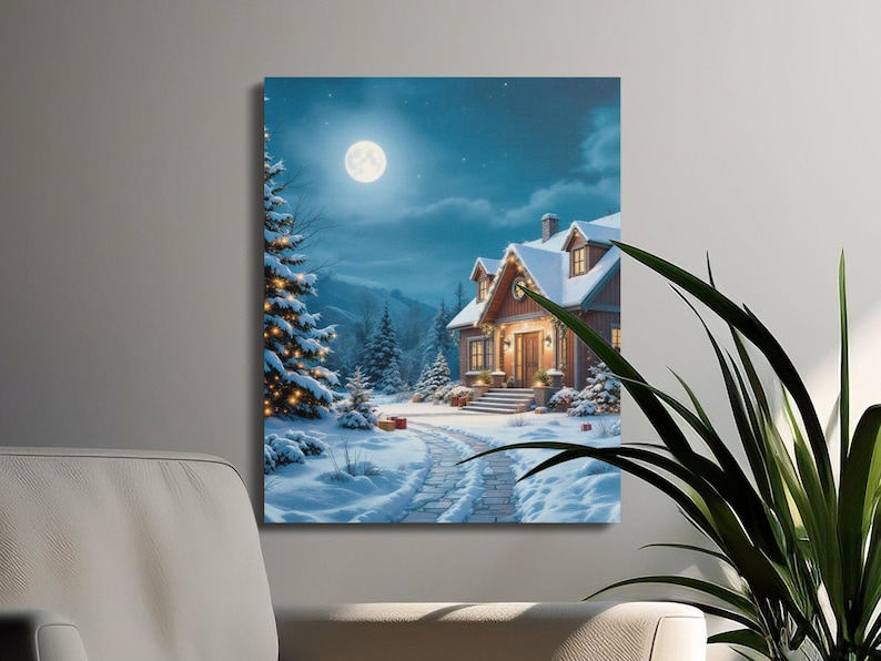 Winter Wonderland Canvas Art, Christmas Cabin Night Scene, Snowy ...