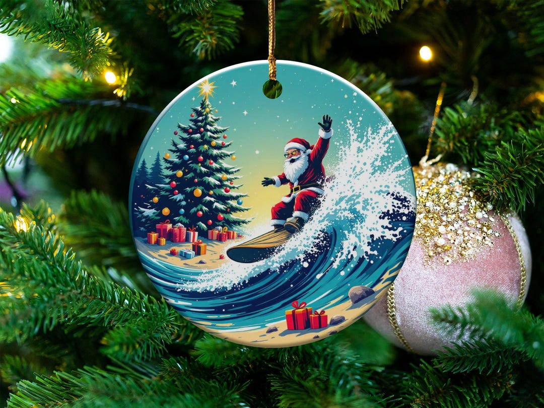 Santa Surfing Christmas Ornament, Holiday Tree Decoration, Surfer Santa ...