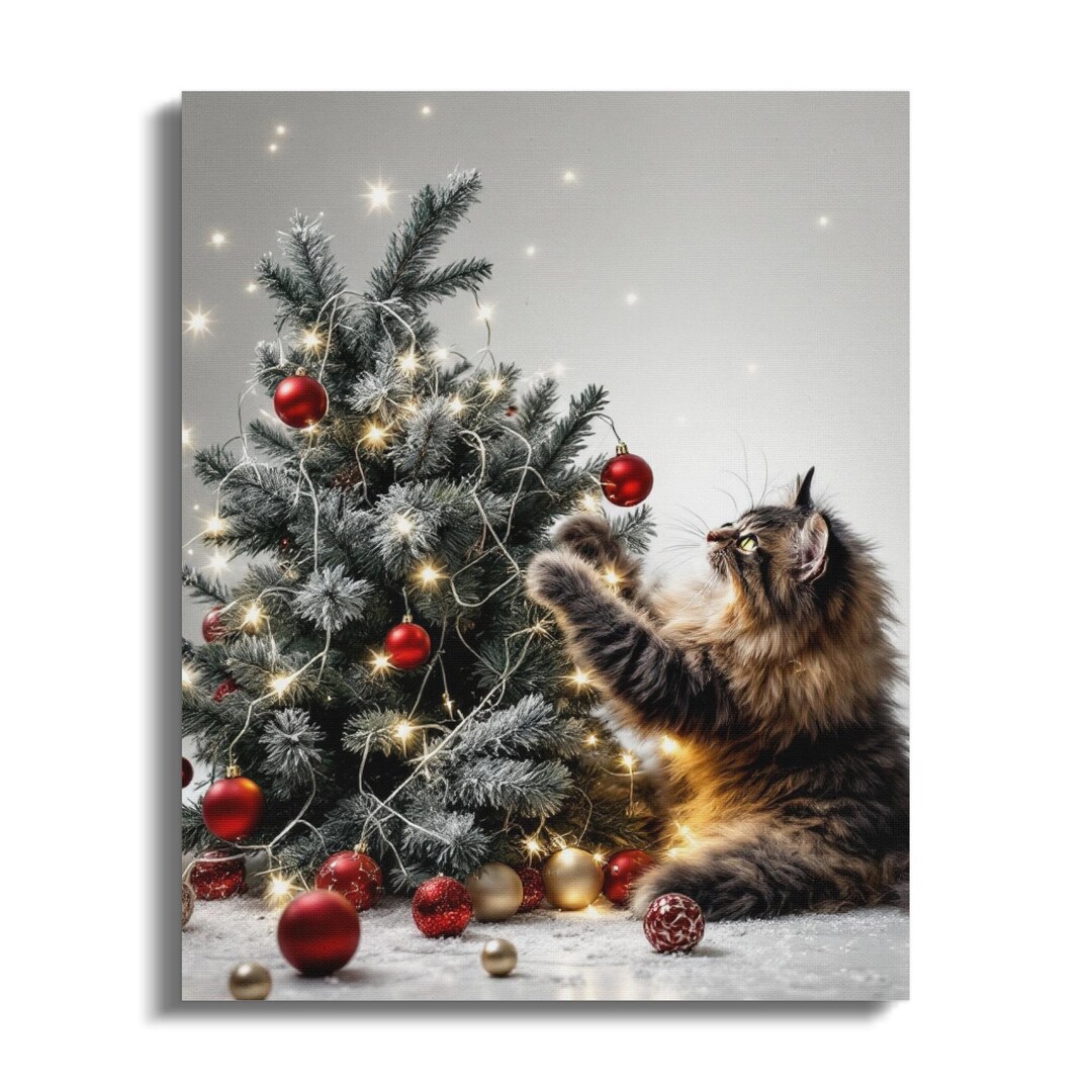 Festive Cat With Christmas Tree Canvas Print, Holiday Home Decor, Cute ...